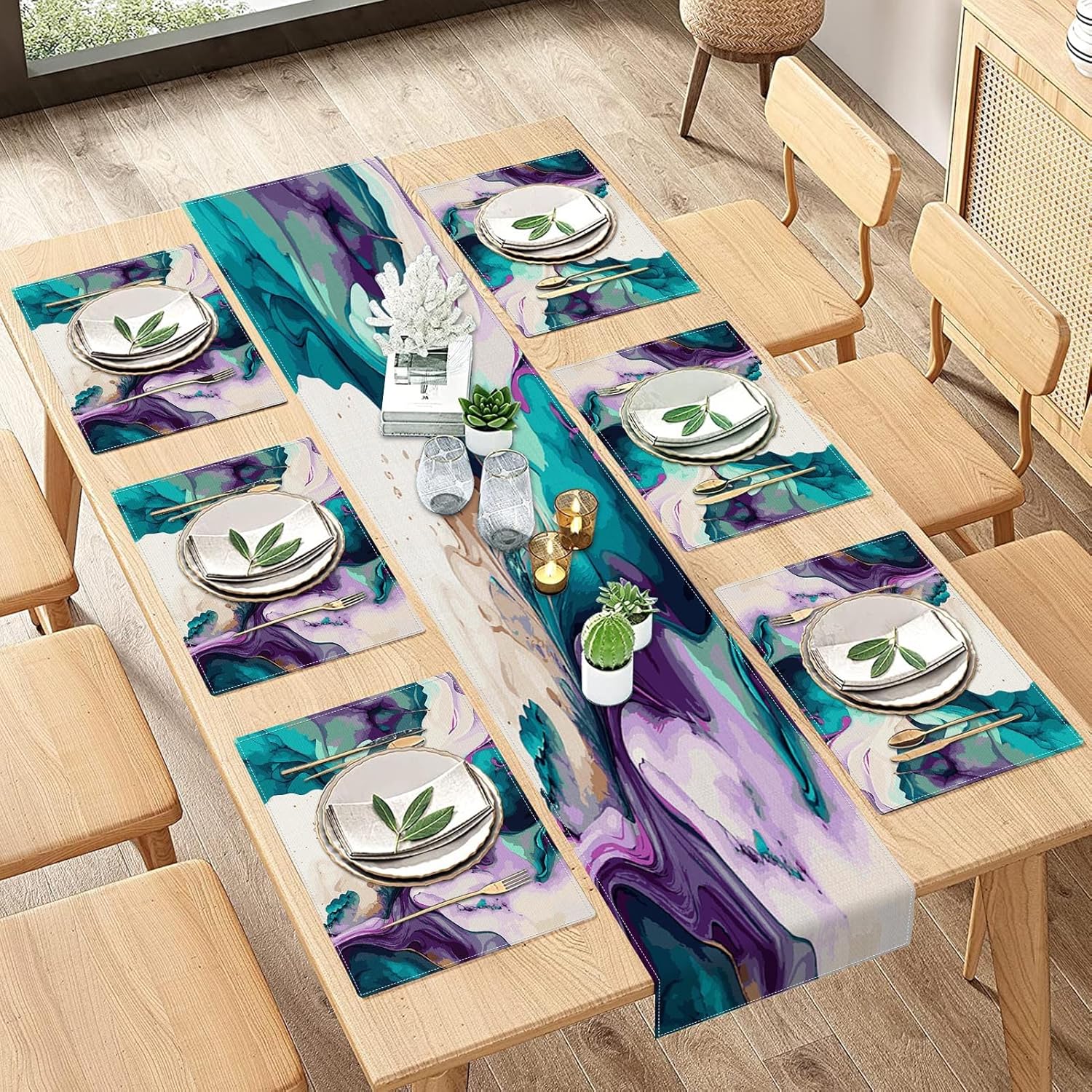Amazon.com: Culudea Marble Colorful Gold Table Runner and Placemats Set ...