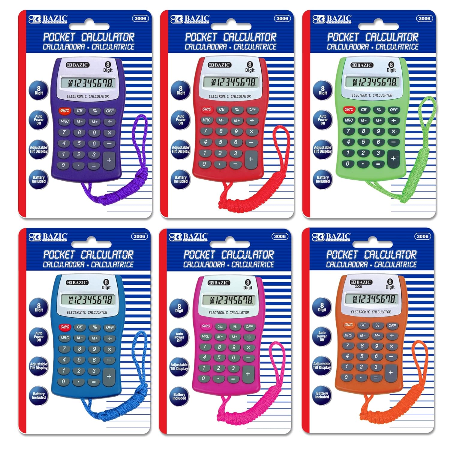 BAZIC Pocket Size Calculator 8-Digit w/Neck String, LCD Display, Small ...