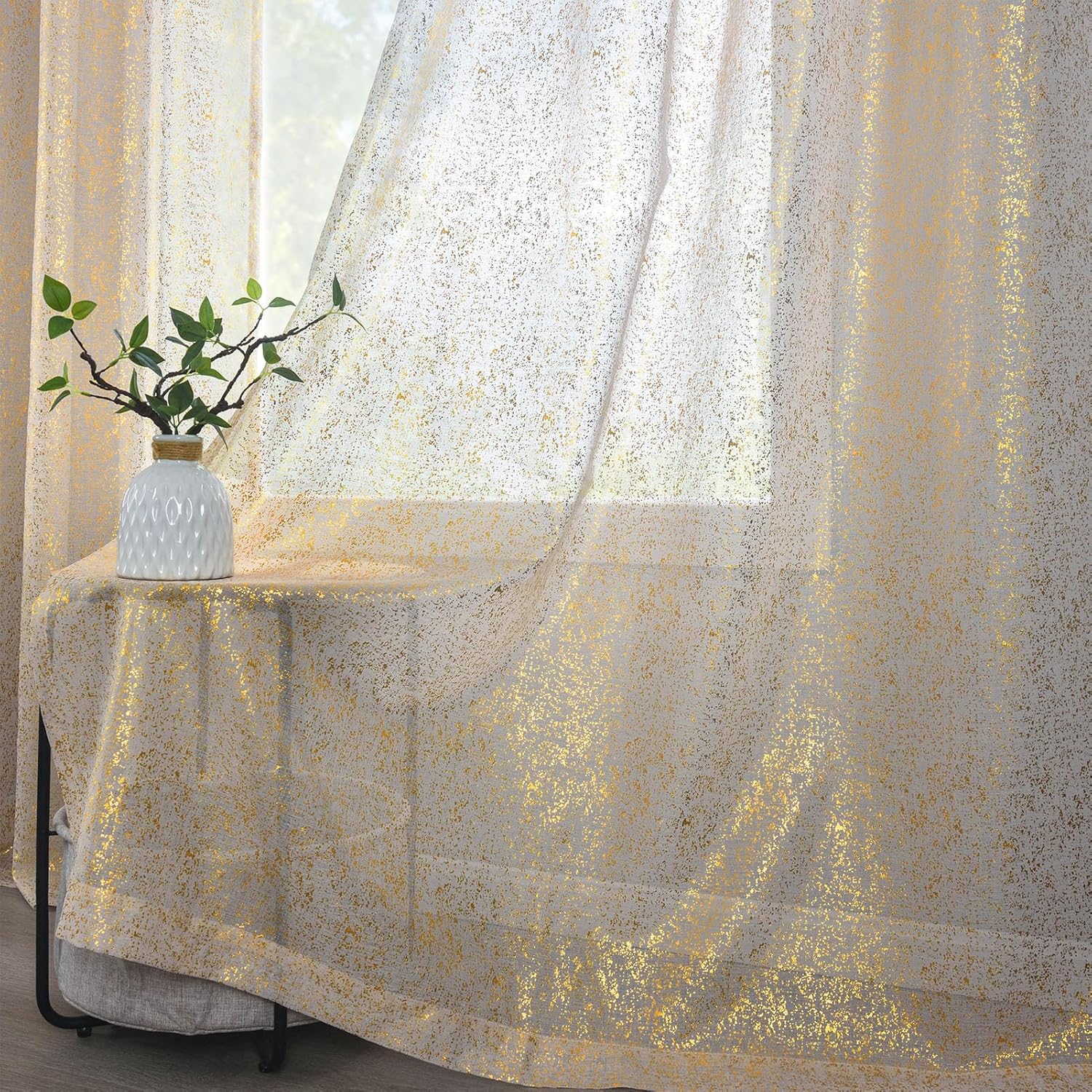 TERLYEX Gold Sheer Curtains 90 Inch Long 2 Panels Metallic Shimmer Gold ...