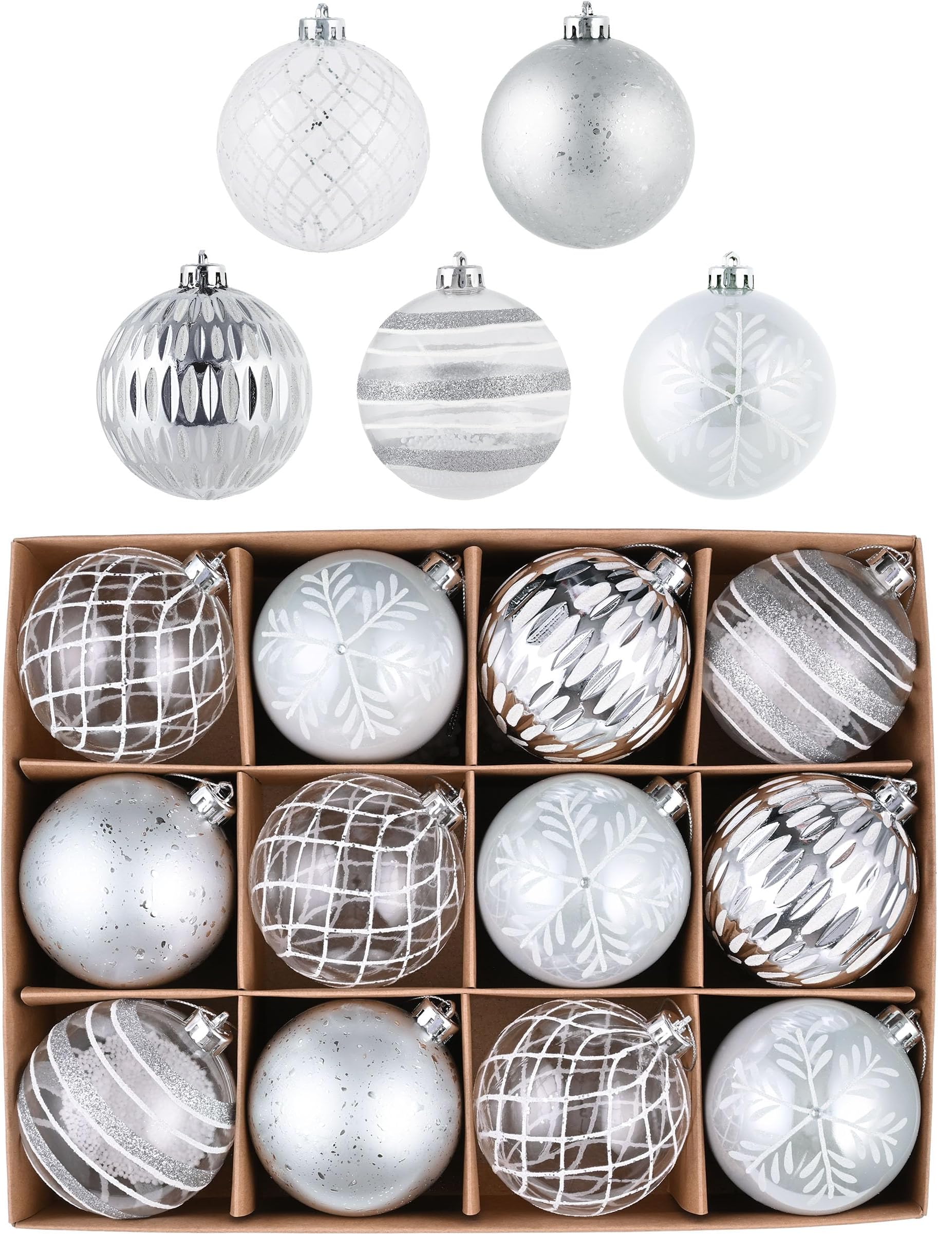 Snow White Branded Pack of 12 Deluxe Silver 8cm Christmas Tree Baubles ...