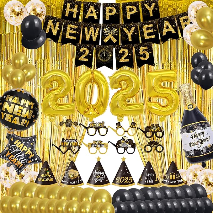 Amazon.com: Happy New Year Party Supplies 2025 - Banner, Hats, Glasses ...