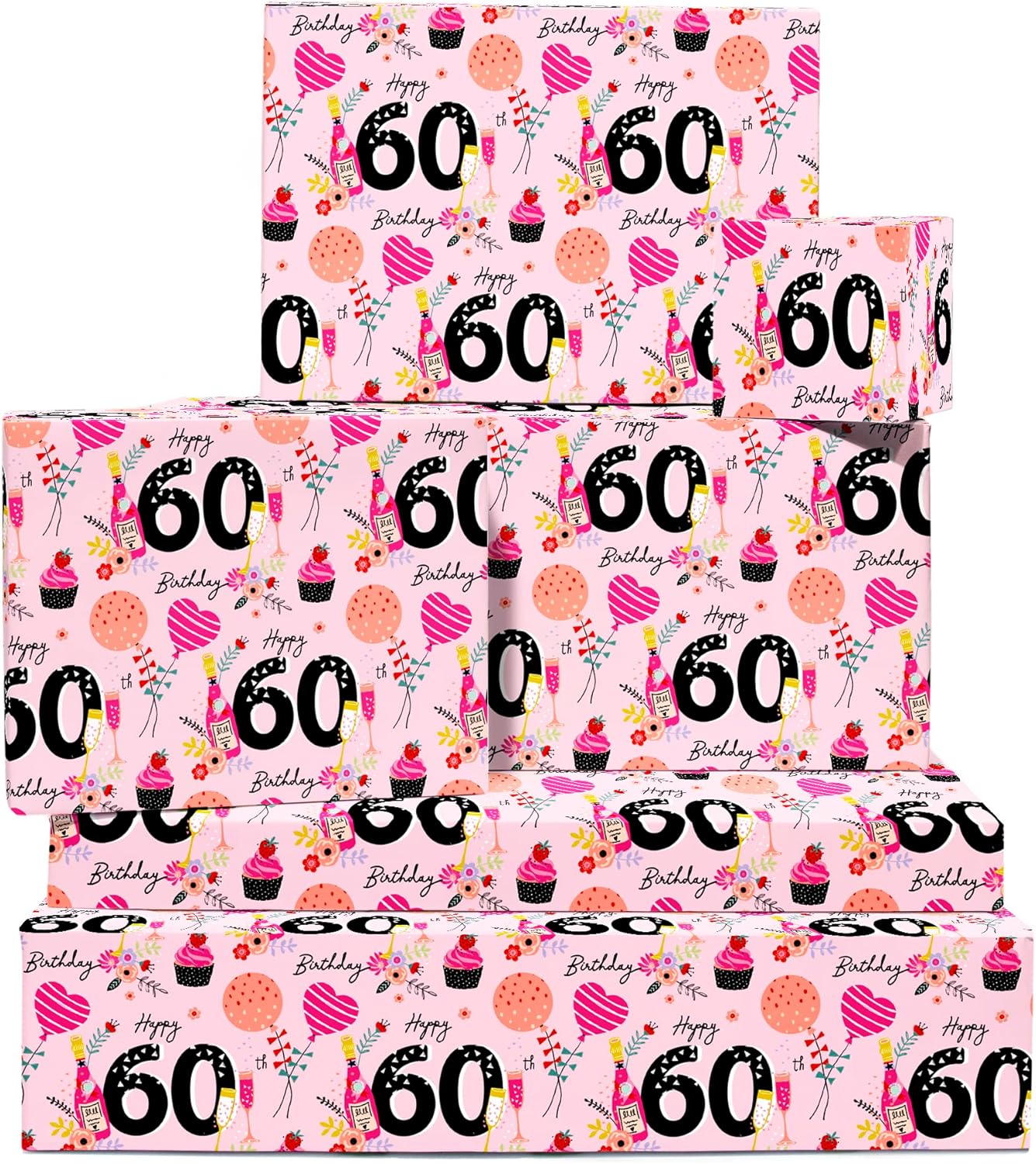 60th Birthday Wrapping Paper for Women - 6 Sheets of Pink Gift Wrap ...