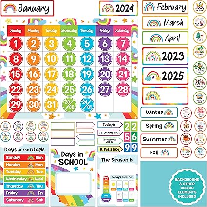 Amazon.com : 157Pcs Rainbow Calendar Bulletin Board Set for Classroom ...