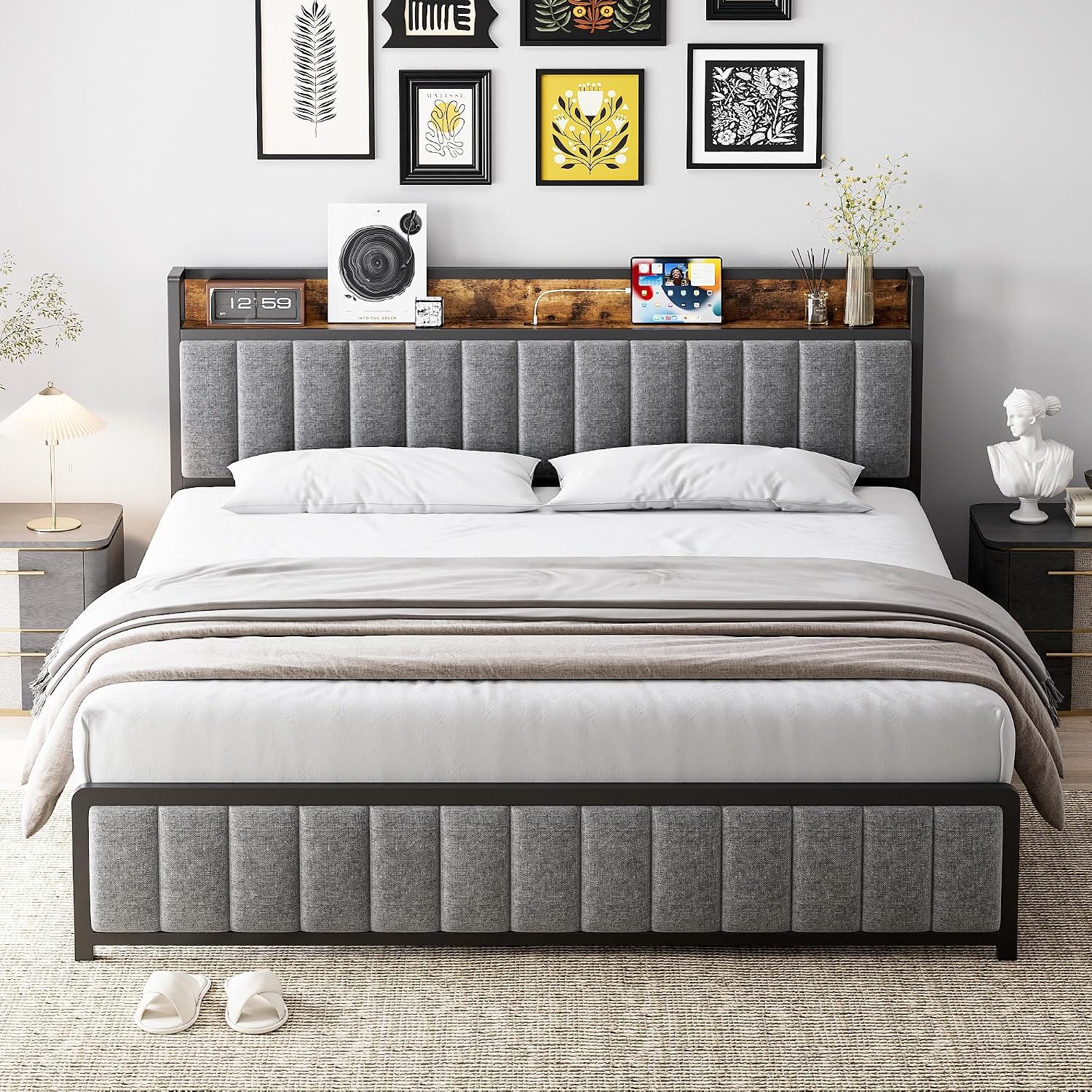 Amazon.com: IDEALHOUSE 2024 New Bed Frame with Storage Headboard ...