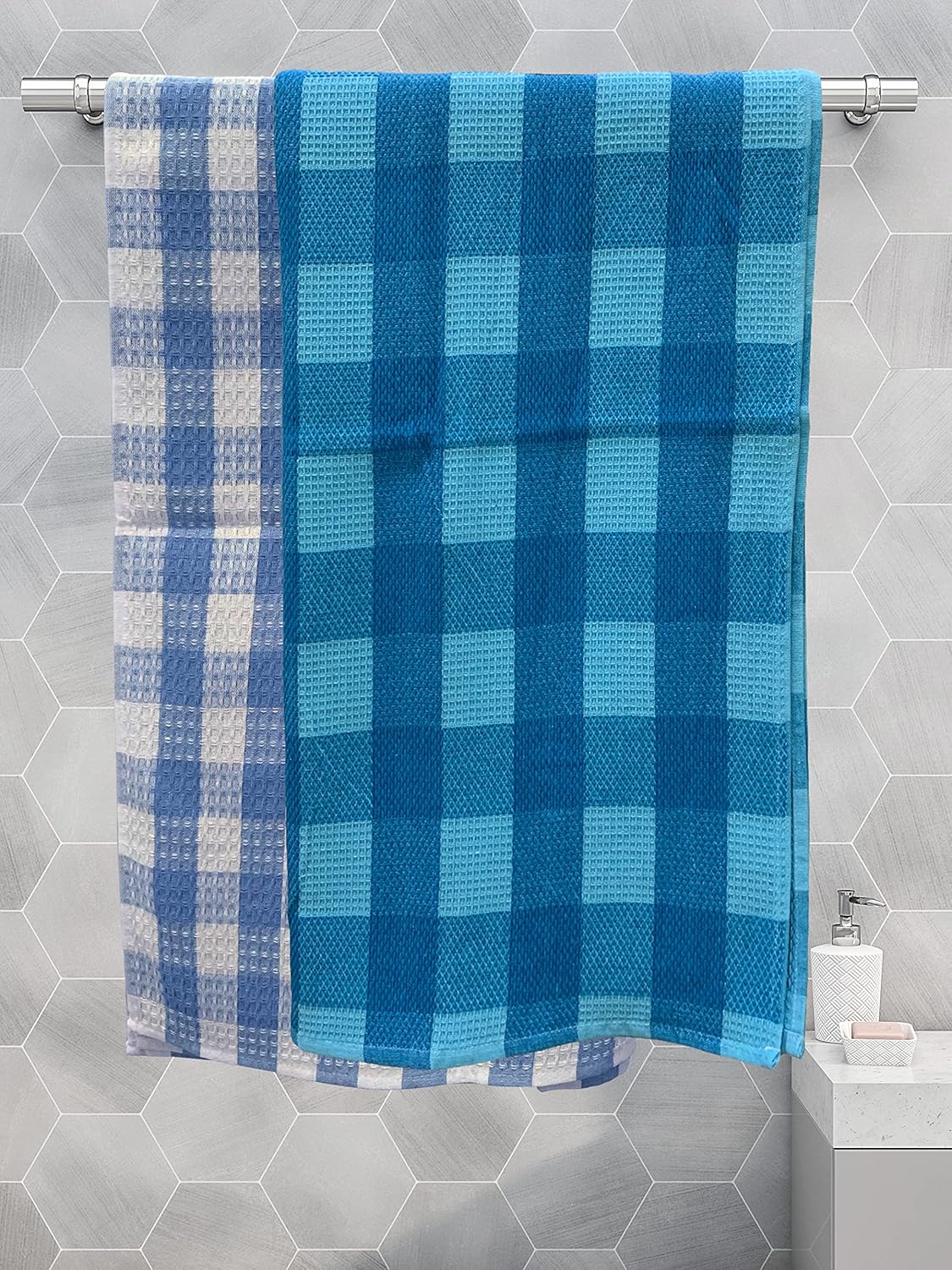 Athom Living Eco Saviour Premium Cotton Bath Towel Blue Checkers & S ...