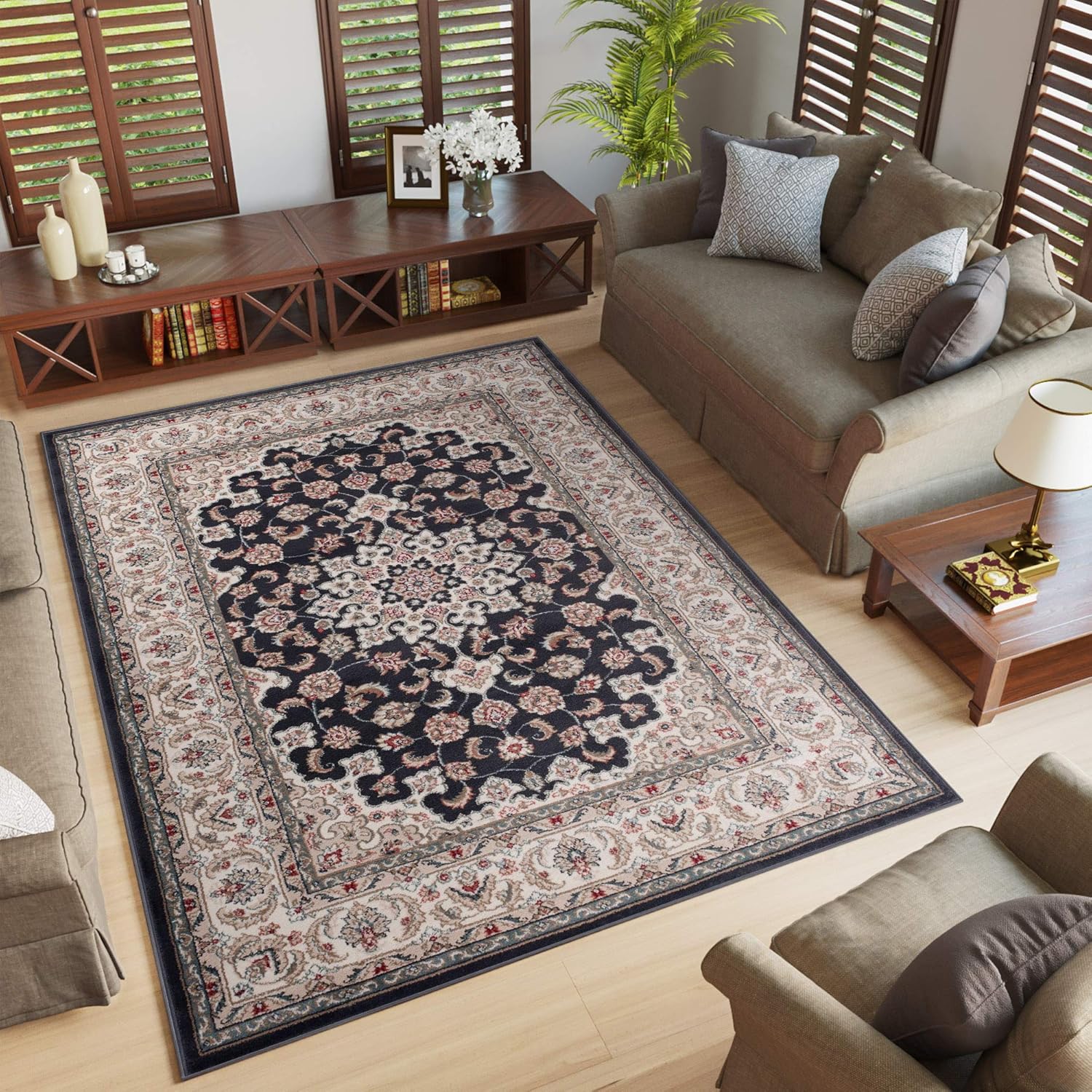 TAPISO Colorado Area Rug Traditional Dark Grey Anthracite Cream Red ...