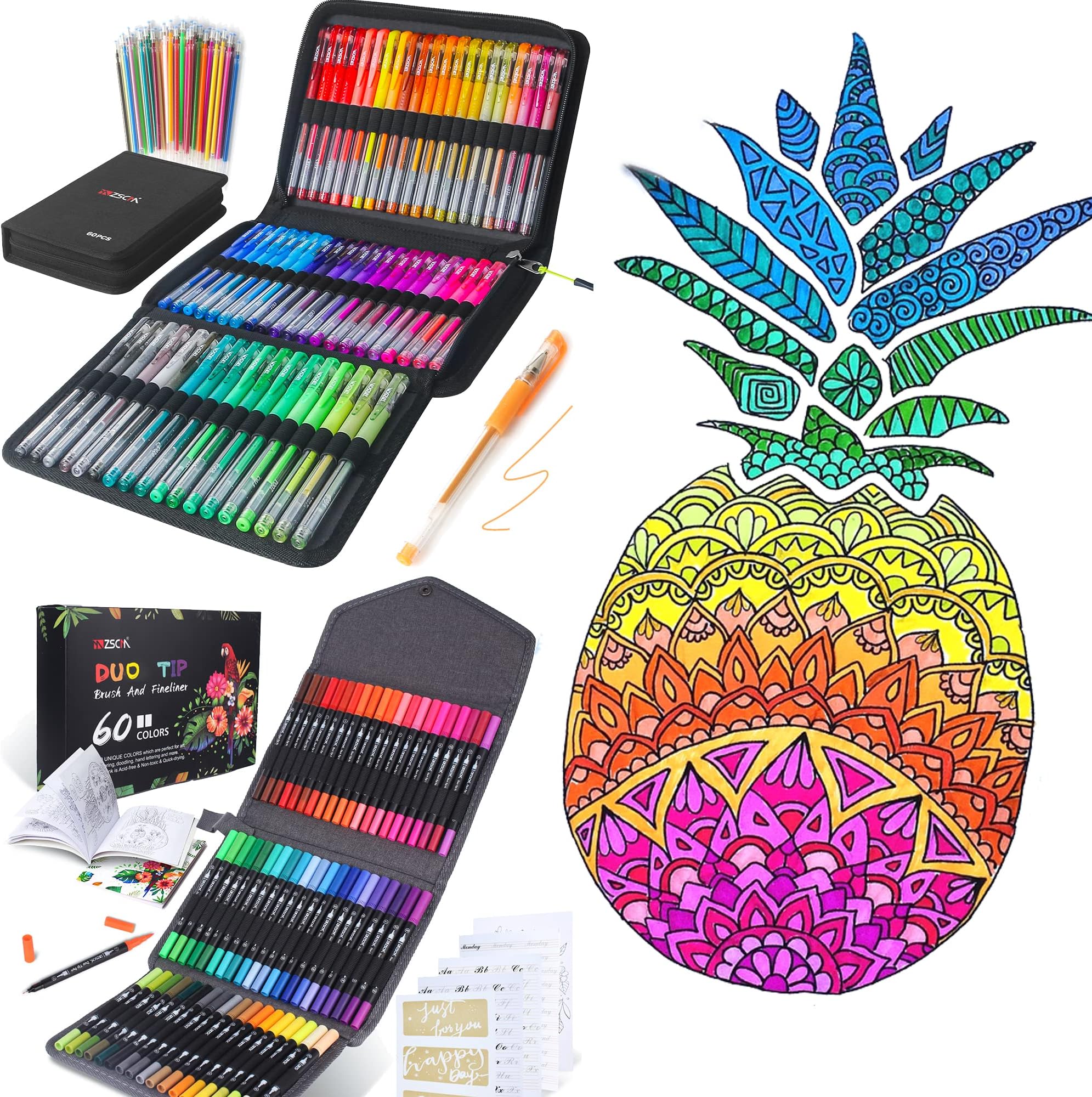 Amazon.com : ZSCM 120 Pack Glitter Gel Pens & 60 Colors Duo Tip Brush ...