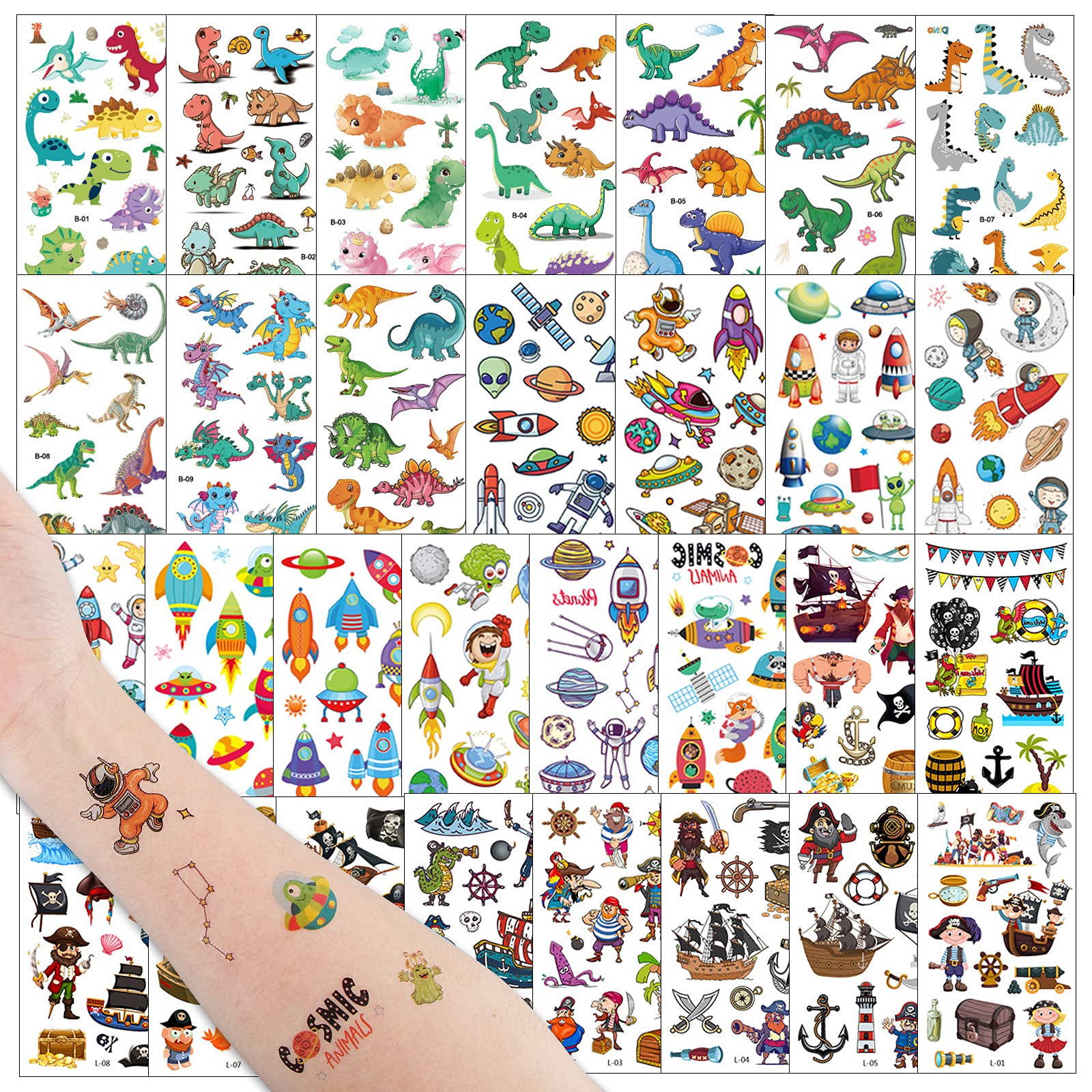 Buy 250PCS 30 Sheets Temporary Tattoo for kids, Dinosaur Pirate Space ...