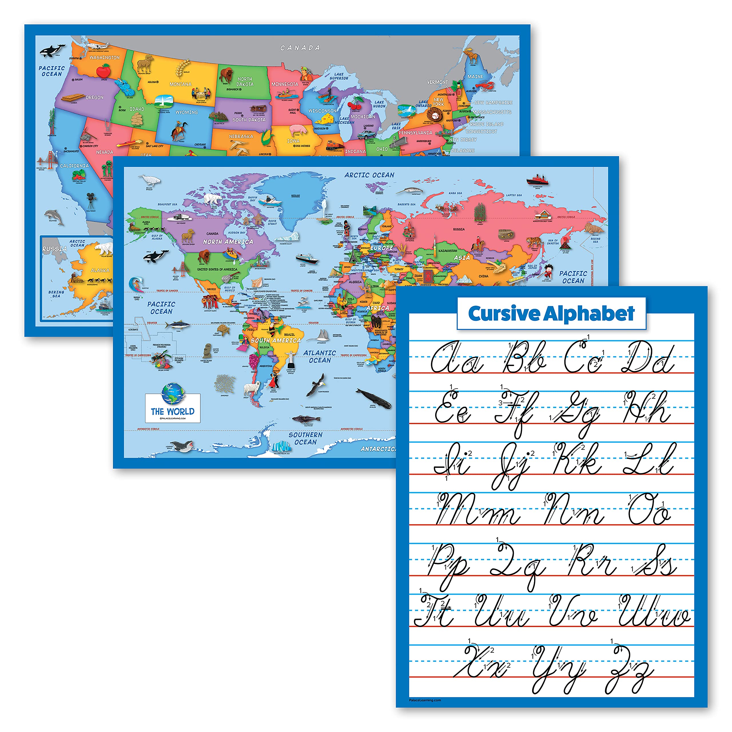 Buy 3 Pack - Illustrated World & USA for Kids + ABC Alphabet Cursive ...