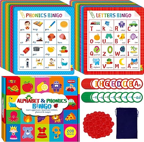 Amazon.com: Alphabet & Phonics Bingo Game, 12 Bingo Boards ABC Letters ...