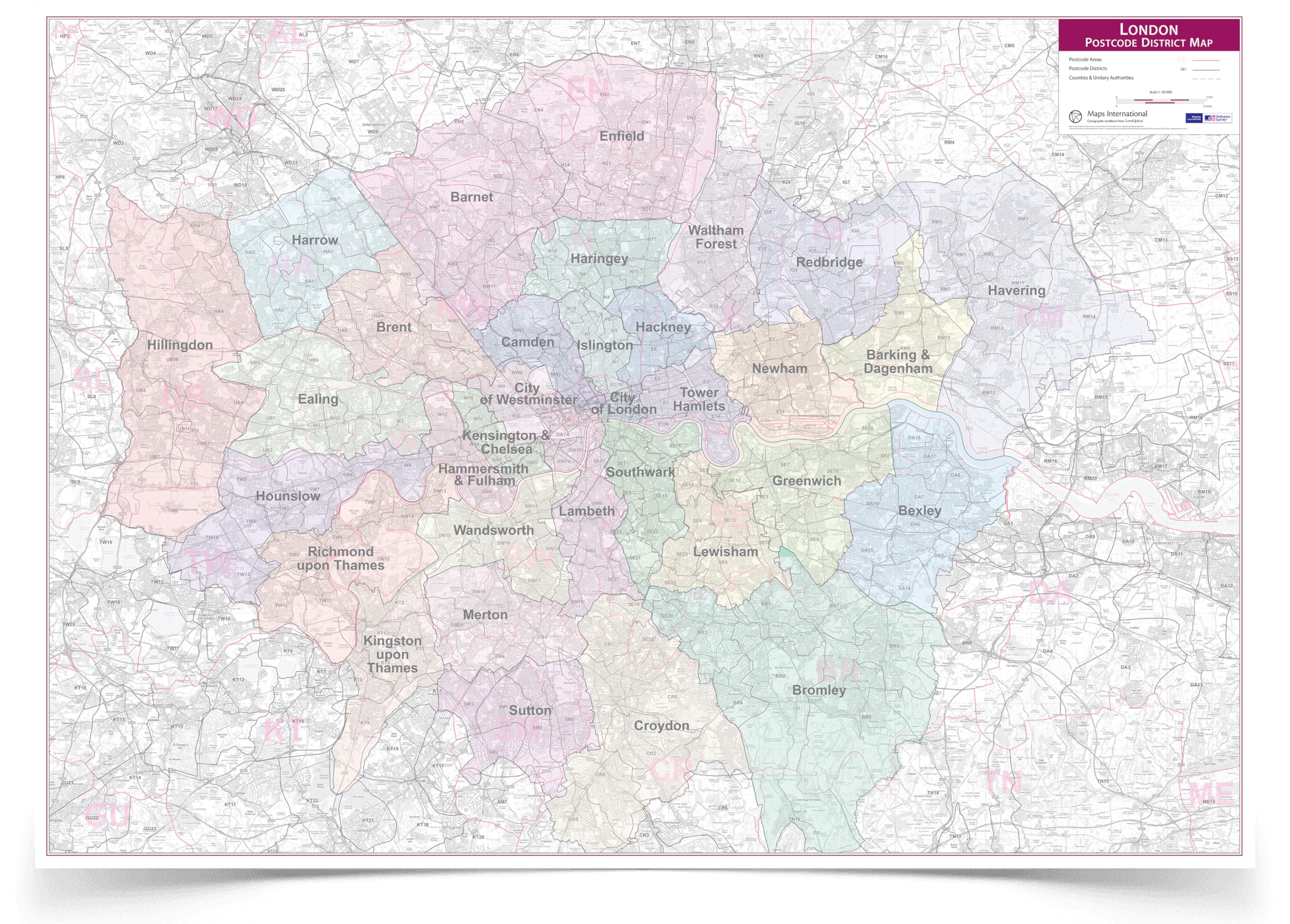 London Postcode District with Authority Boroughs Wall Map (within M25 ...