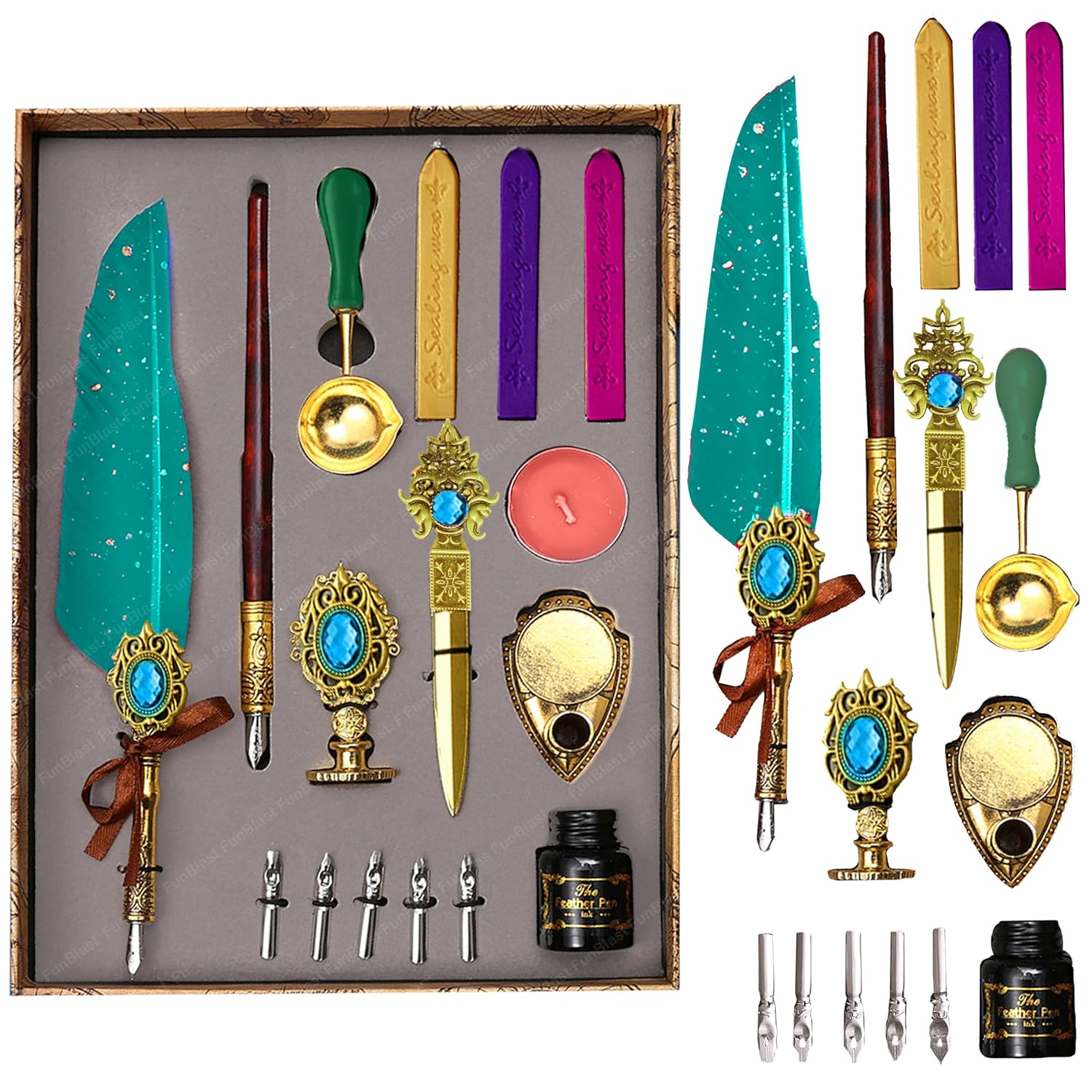 FunBlast Quill Pen and Ink Set- 16 Pcs Calligraphy Dip Writing Quill ...