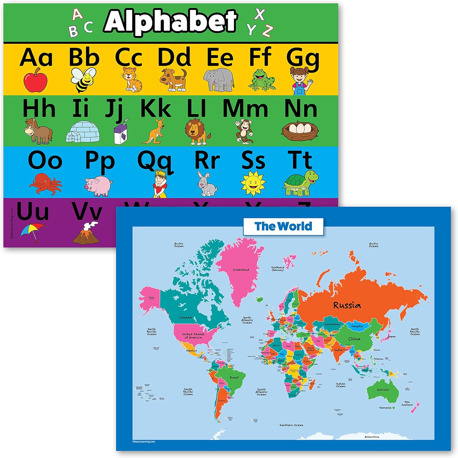 Juego de 2 pósteres de alfabeto ABC y mapa del mundo para niños ...