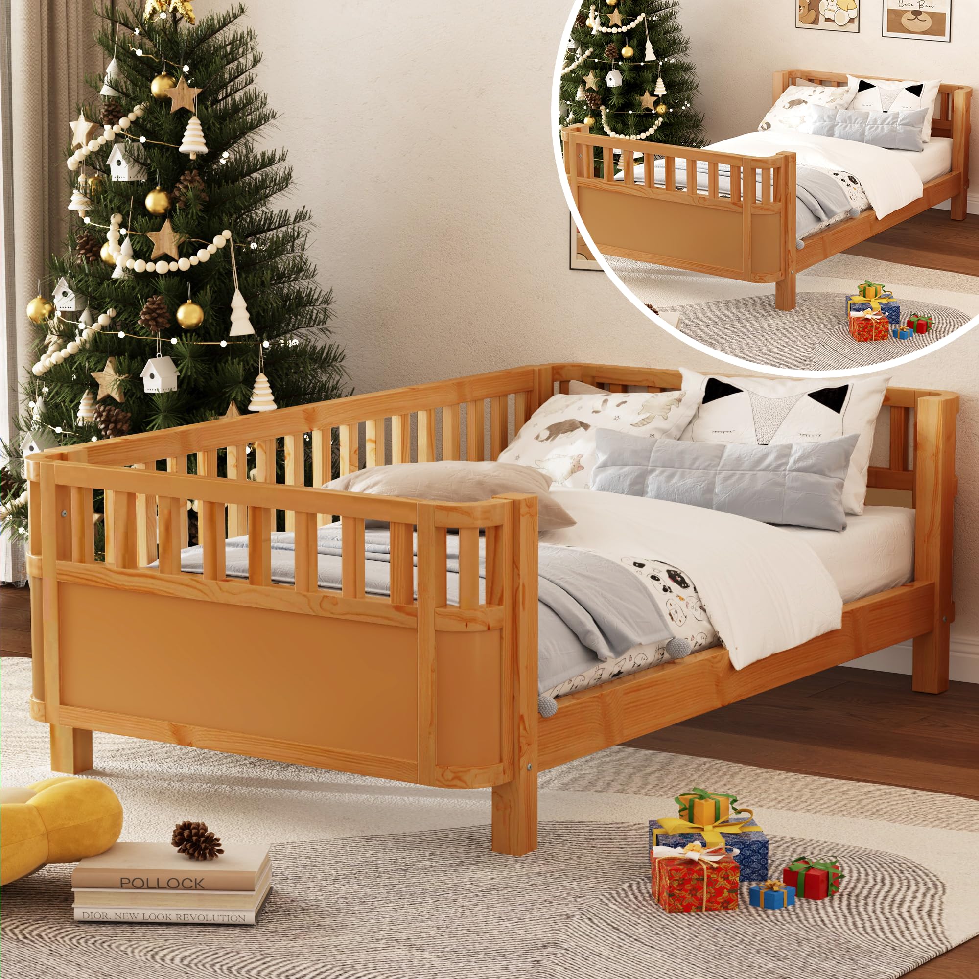 Amazon.com: Luckiofvonne Twin Size Kids Bed with Rails, Wooden Low ...
