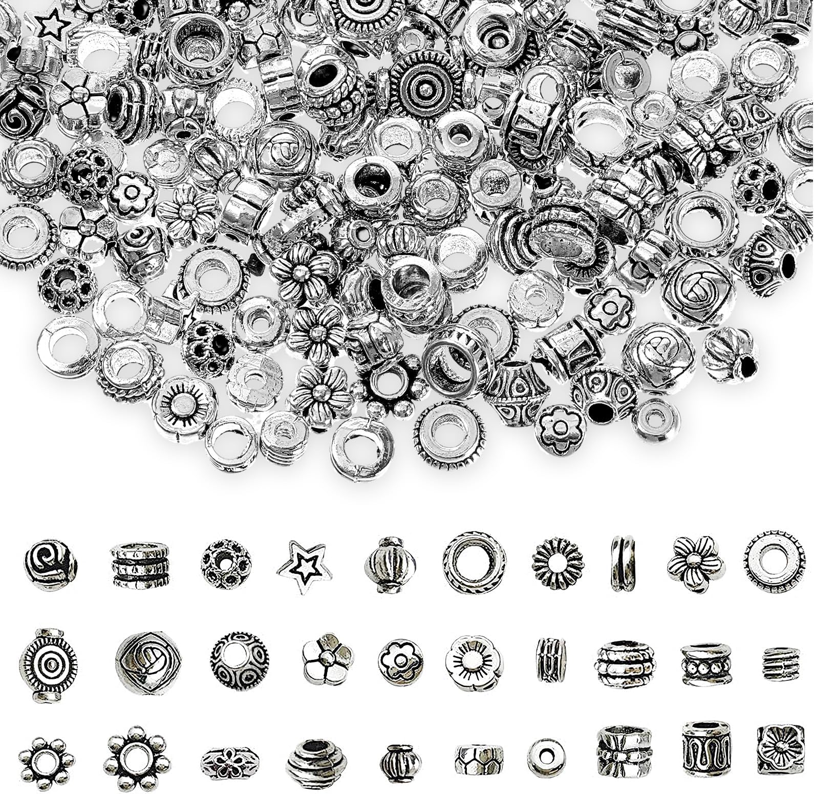 Amazon.com: 200PCS Spacer Beads Tibetan Antique Silver Bead Spacers ...