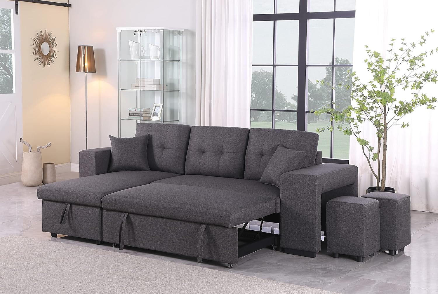Amazon.com: KooYaa L-Shape Linen Reversible Sleeper Sectional Sofa ...