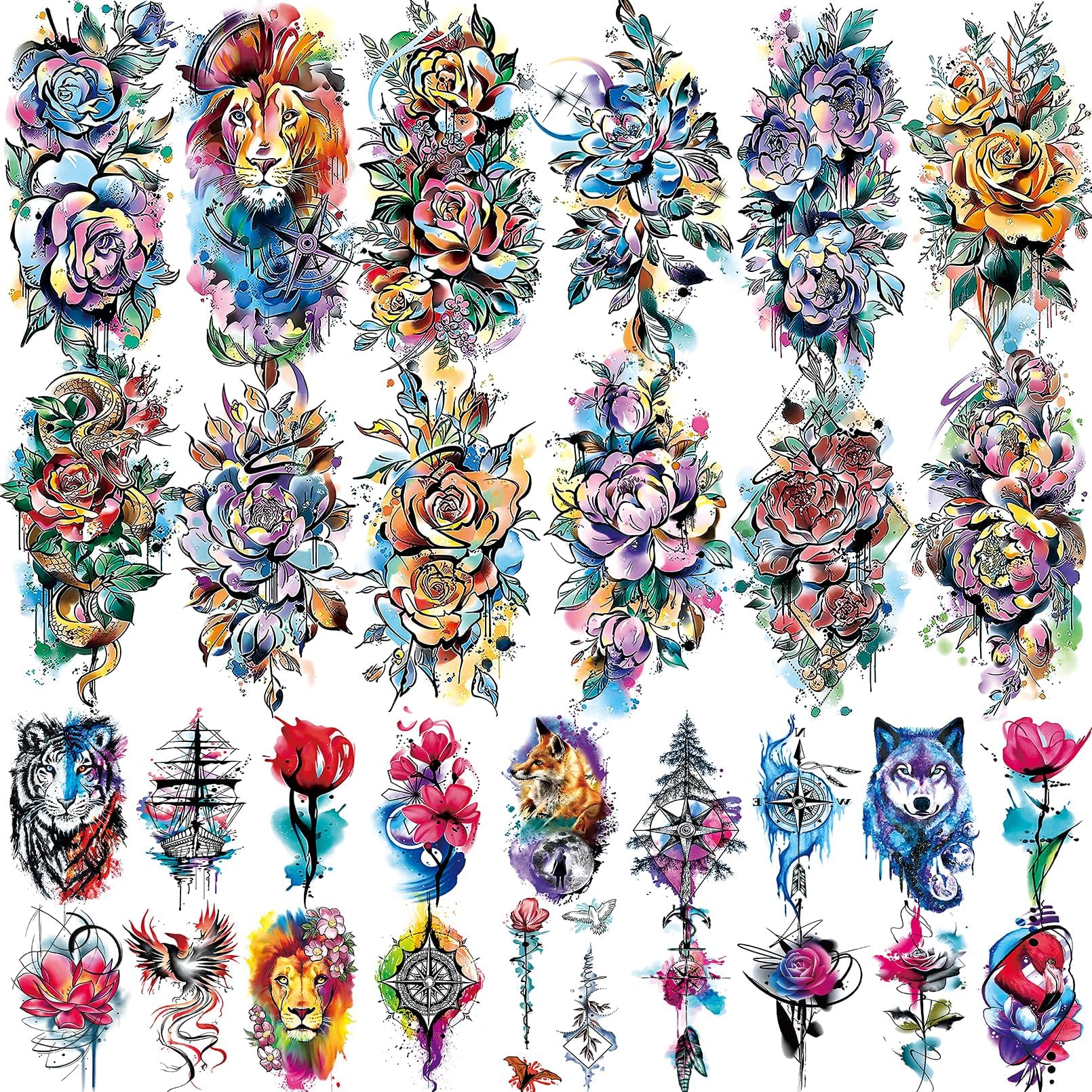 Amazon.com : Aresvns 3D Watercolor Roses Temporary Tattoos For Women, Cute and Fun Colorful Fake ...