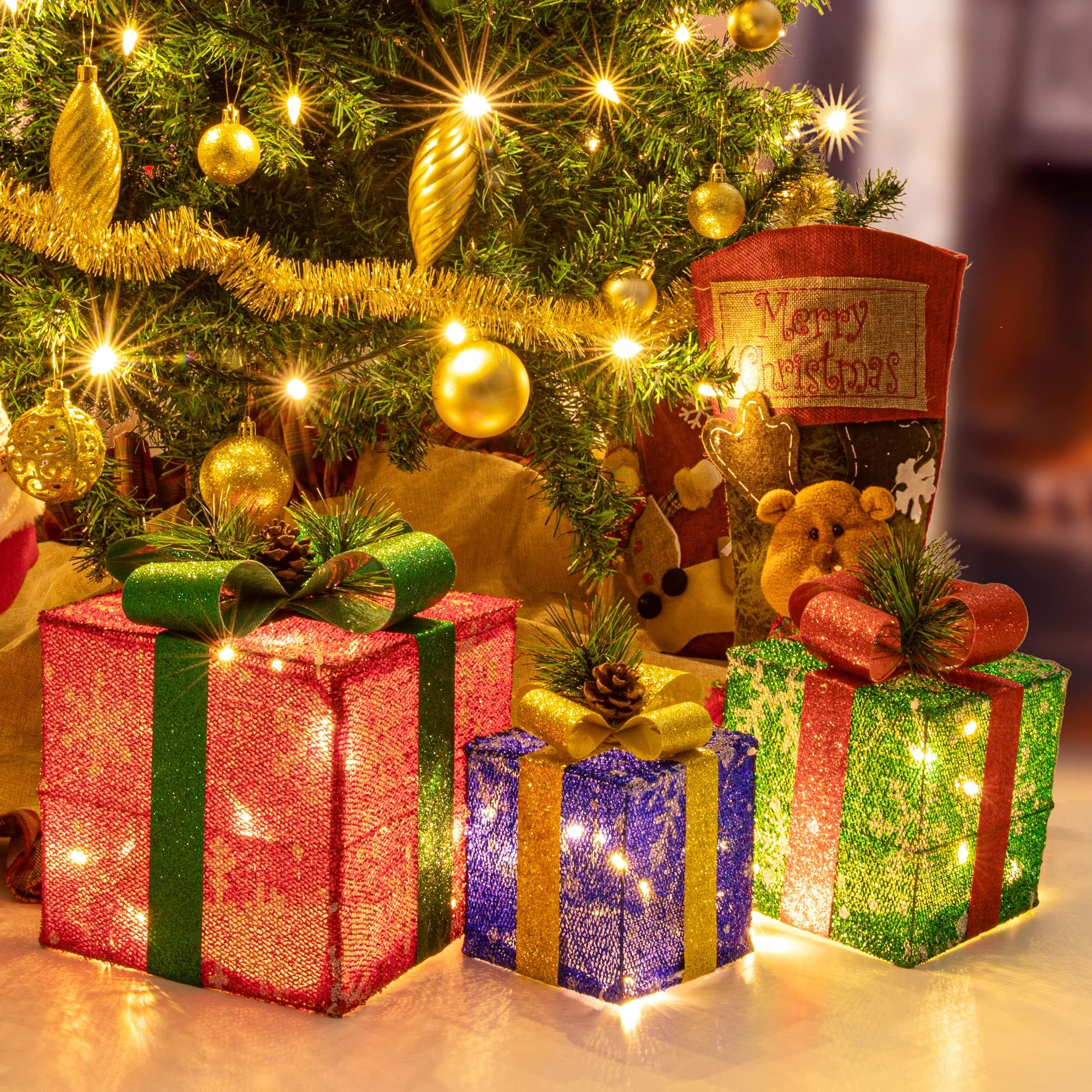 Amazon.com: Sunnyglade 10”-8”-6” Set of 3 Christmas Lighted Gift Boxes ...