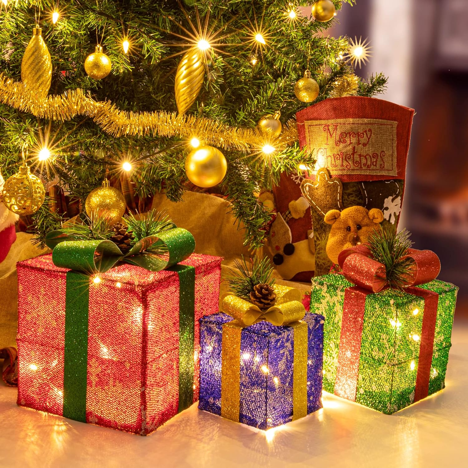 Amazon.com: Sunnyglade Set of 3 Christmas Lighted Gift Boxes Decoration ...