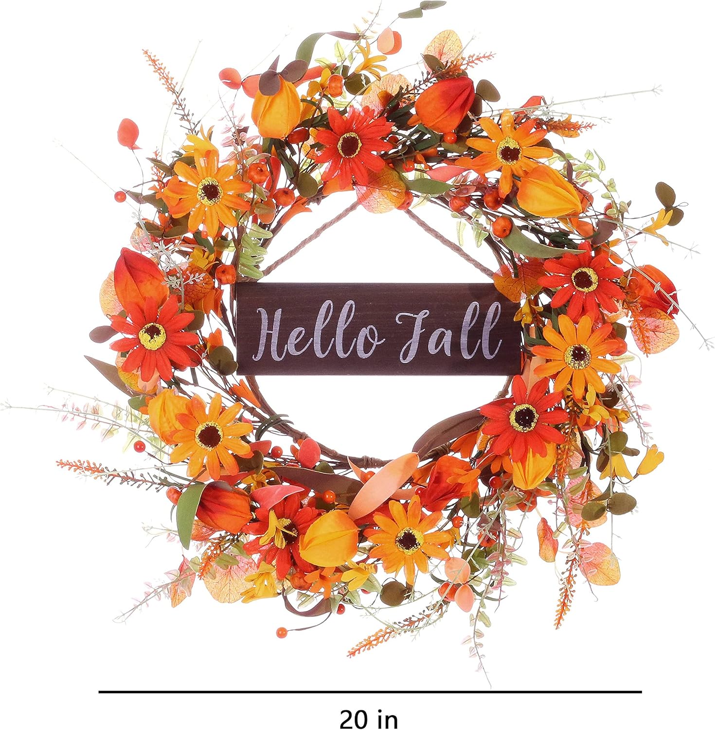 Corona artificial de otoño con letrero de «Hello Fall», corona de otoño ...
