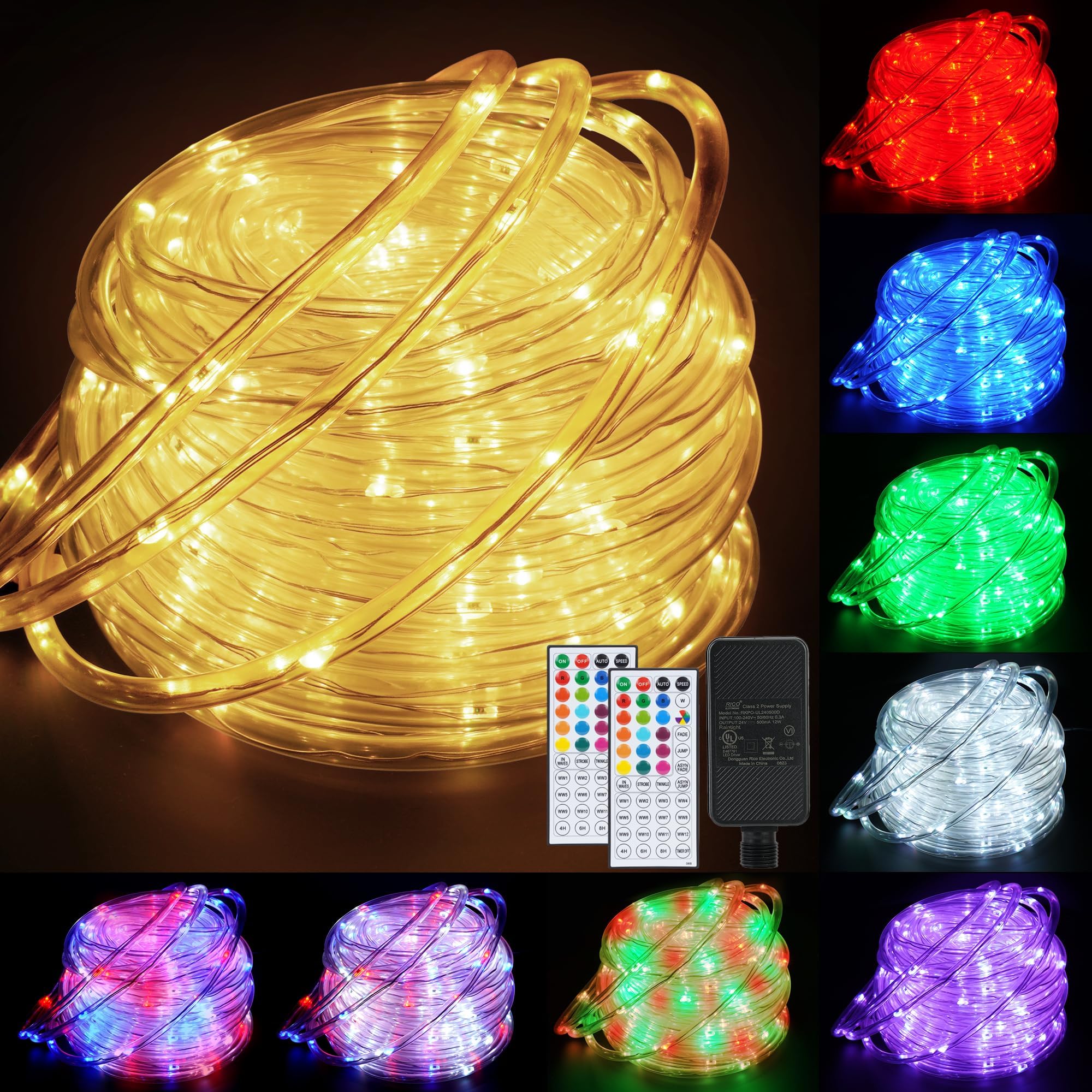 200 LED Rope Lights Outdoor String Lights Plug in 24V, 66ft Warm White ...
