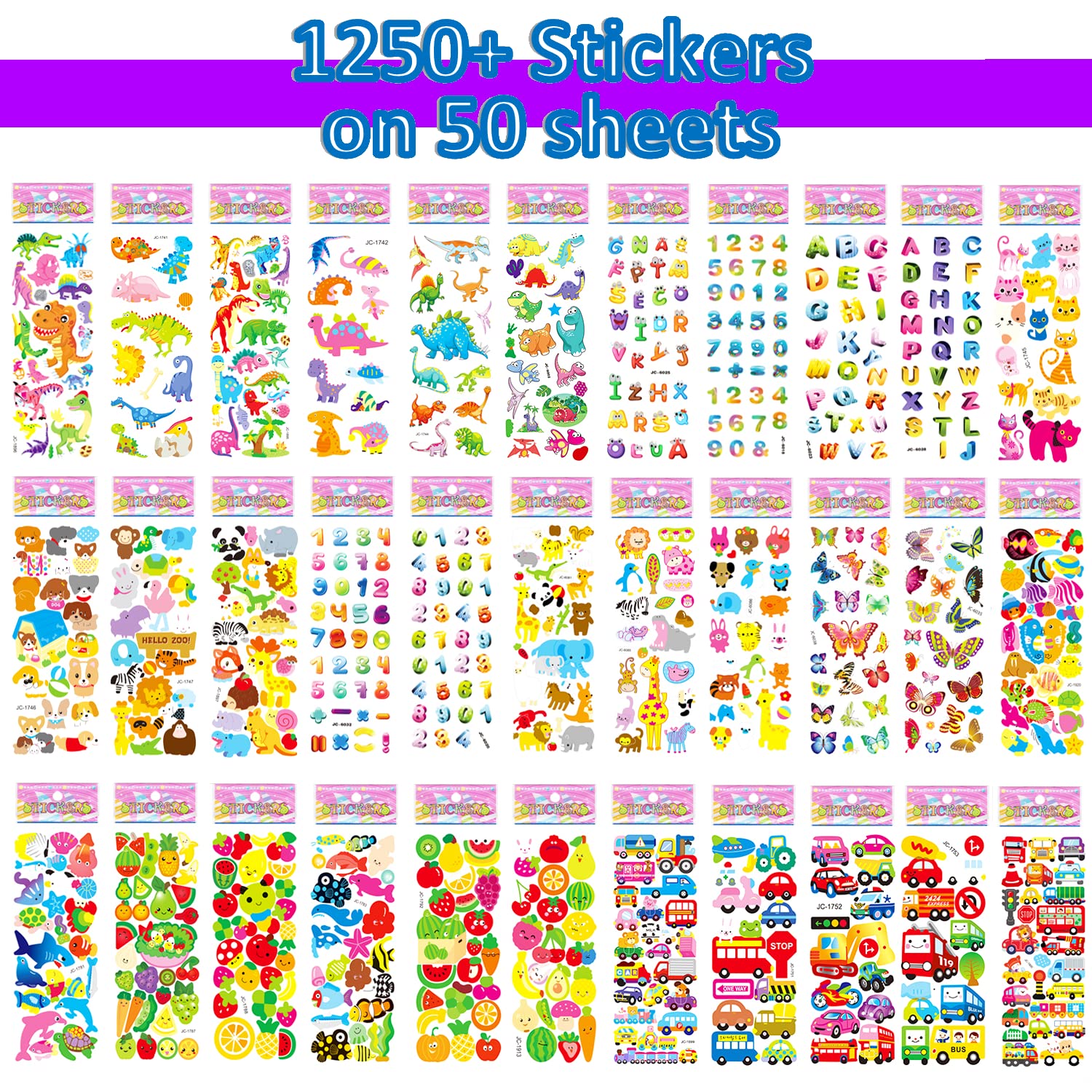50 Different 3D Kids Bulk Stickers Sheets- 1250+ Fun Girls Boy Kids for ...