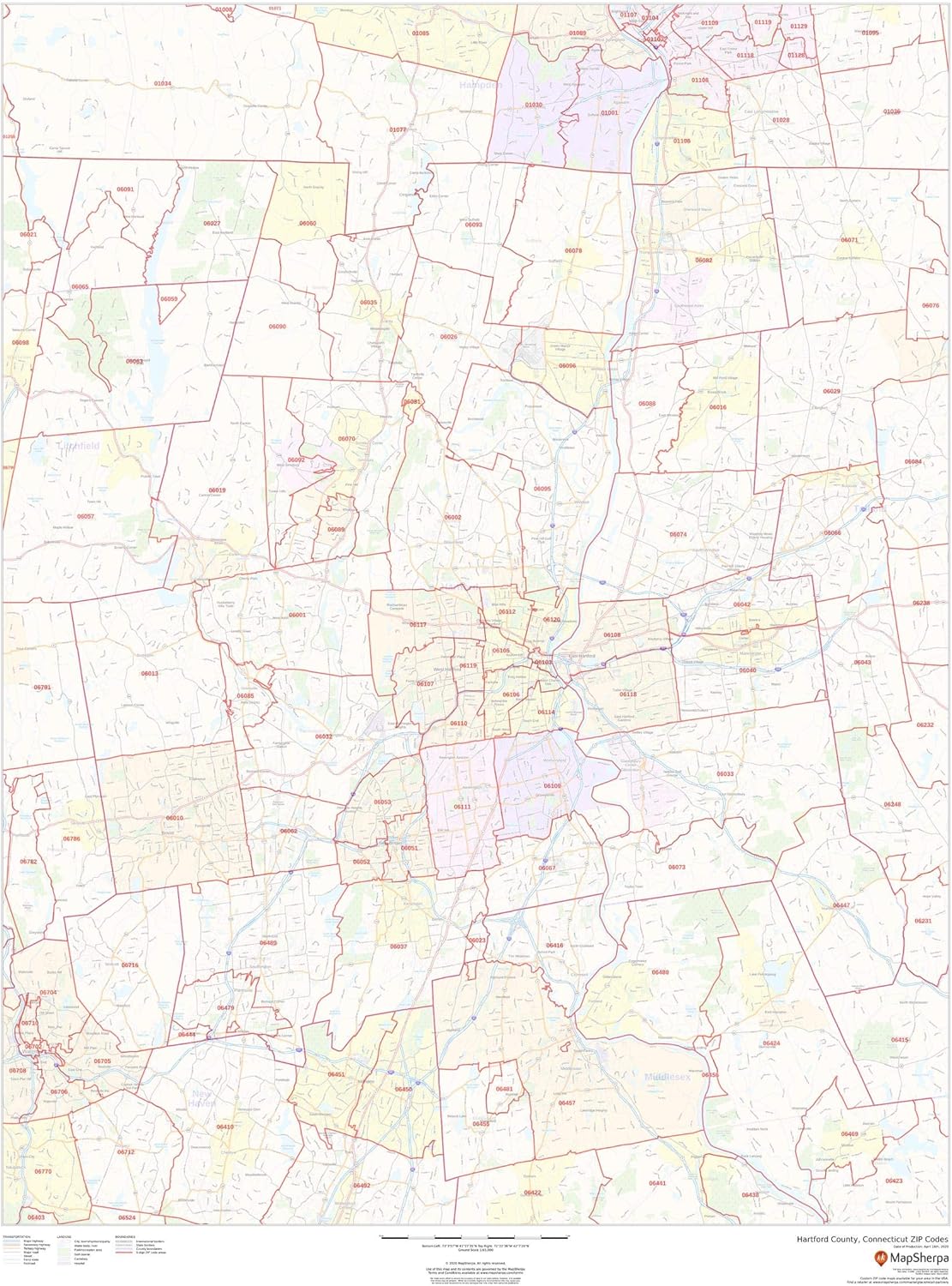 Amazon.com : Hartford County, Connecticut Zip Codes - 36" x 48" Matte ...