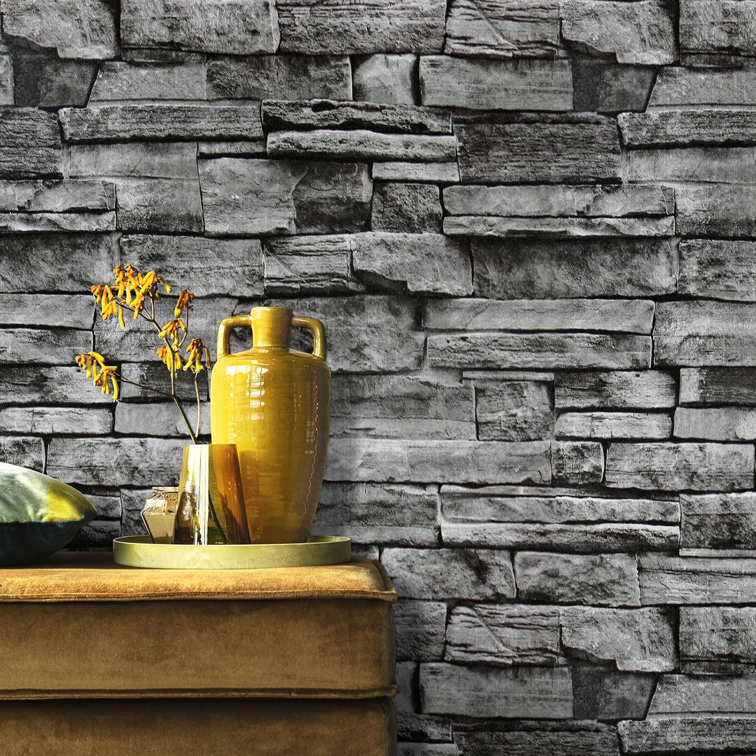 Grey Stone Wallpaper Peel and Stick Brick Wallpaper 17.7inch×196.8inch ...