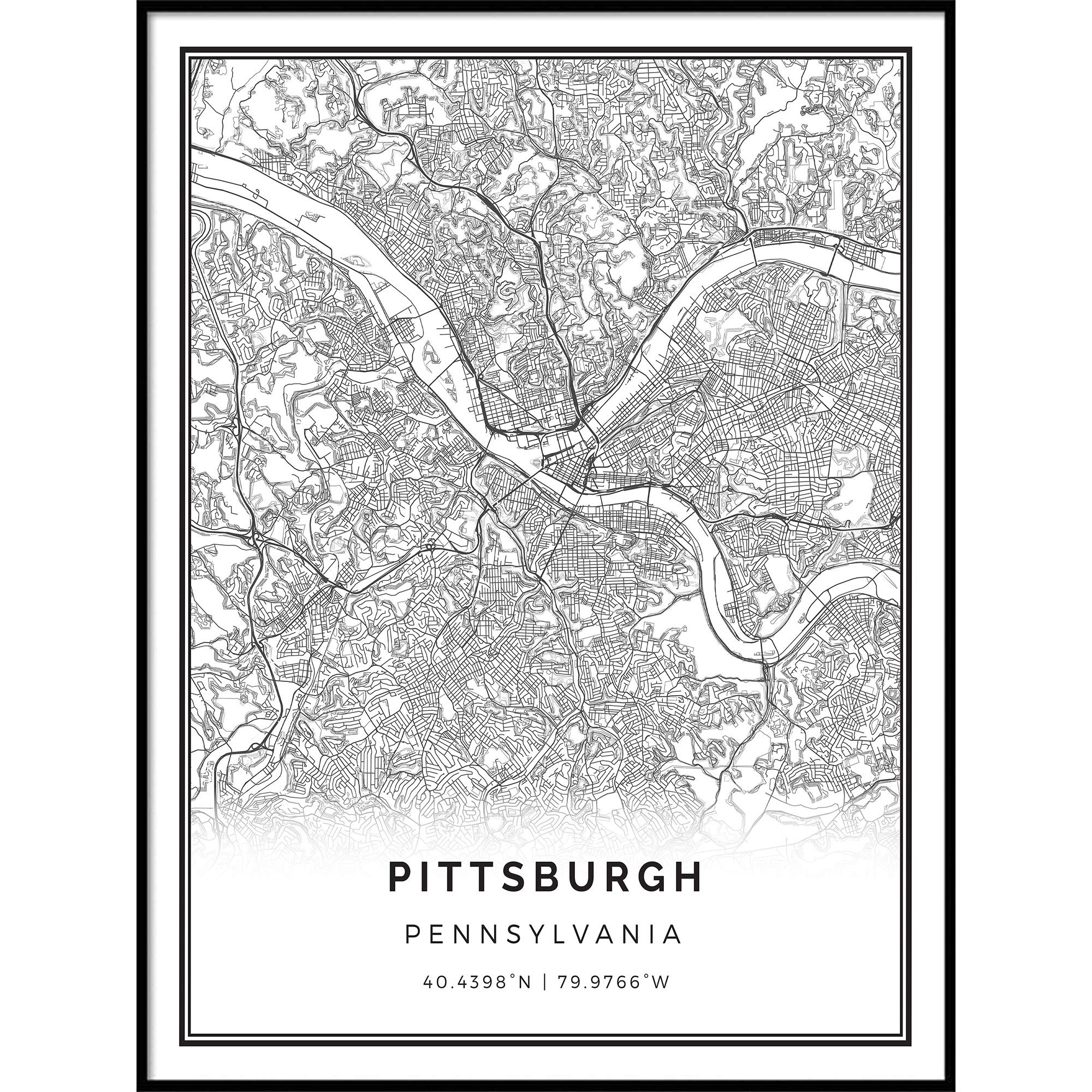 Amazon.com: Squareious Pittsburgh map Poster Print | Modern Black and ...