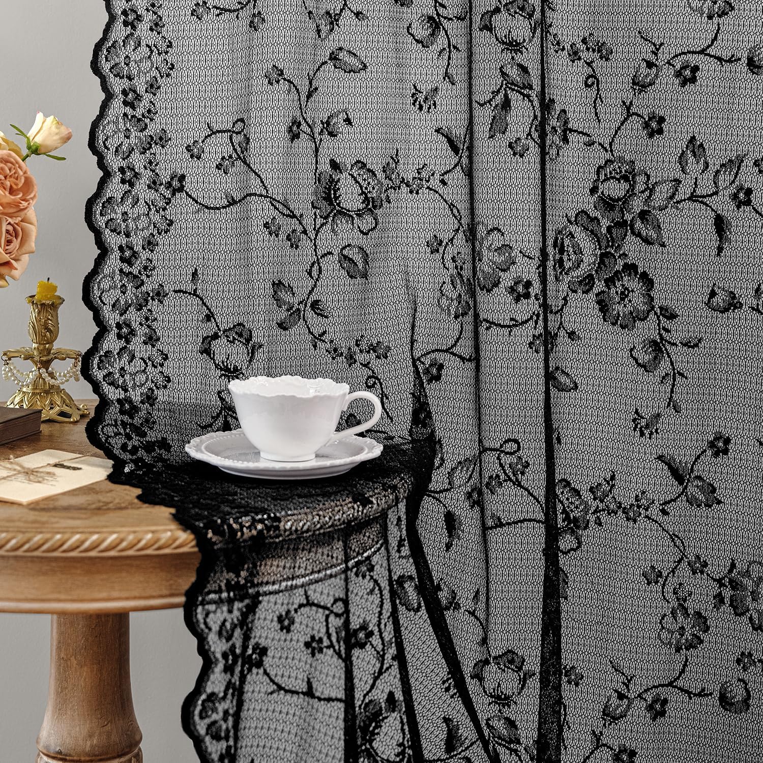 Amazon.com: HOMEIDEAS Black Vintage Sheer Lace Curtains for Bedroom ...