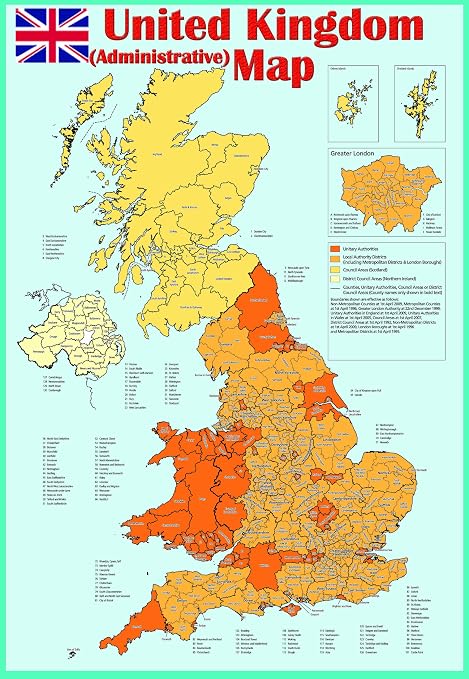 laminated united kingdom (uk) Great Britain ADMINISTRATIVE MAP poster ...