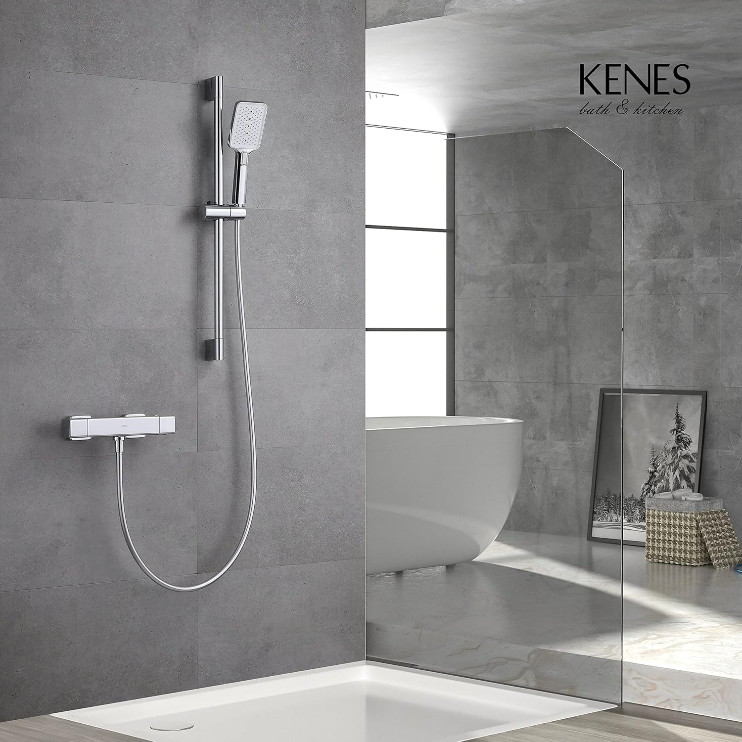 KENES Chrome Thermostatic Bar Shower Mixer Valve Modern Anti Scald Tap ...