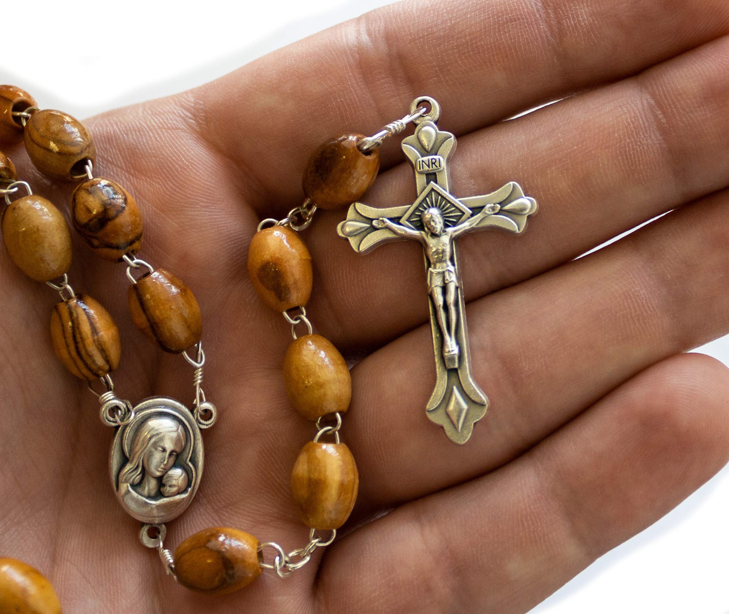 Holy Land Olive Wood Catholic Rosary from Israel, Oval Medal with ...