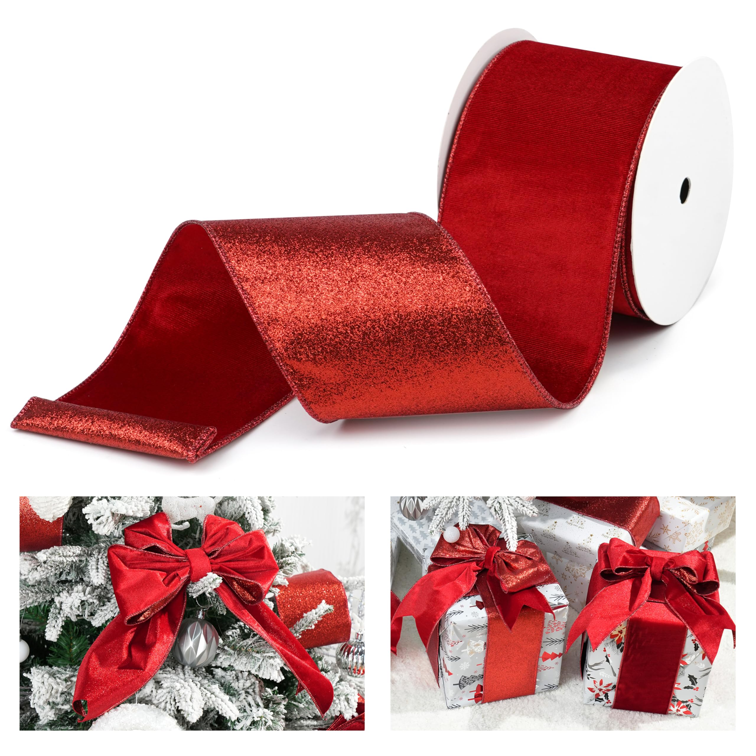 Amazon.com: LIZLOVESS Red Velvet Wired Ribbon with Glitter Back 4 Inch ...