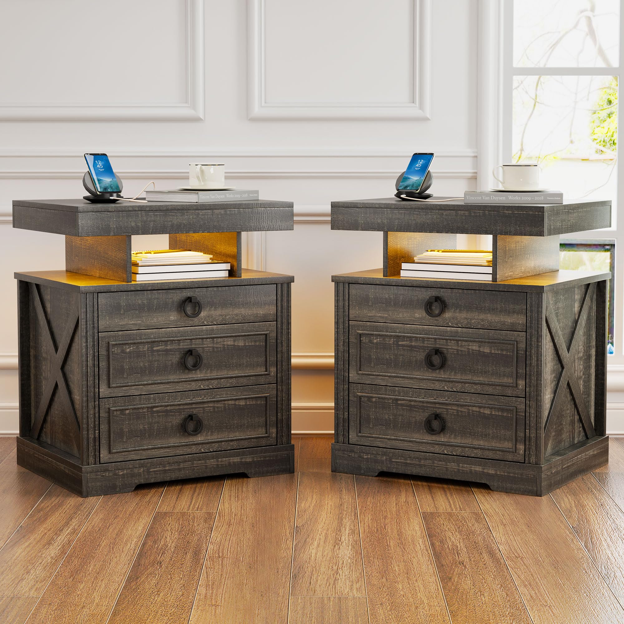 Amazon.com: Gurexl Farmhouse Set of 2 Nightstand with Lockable Gun ...