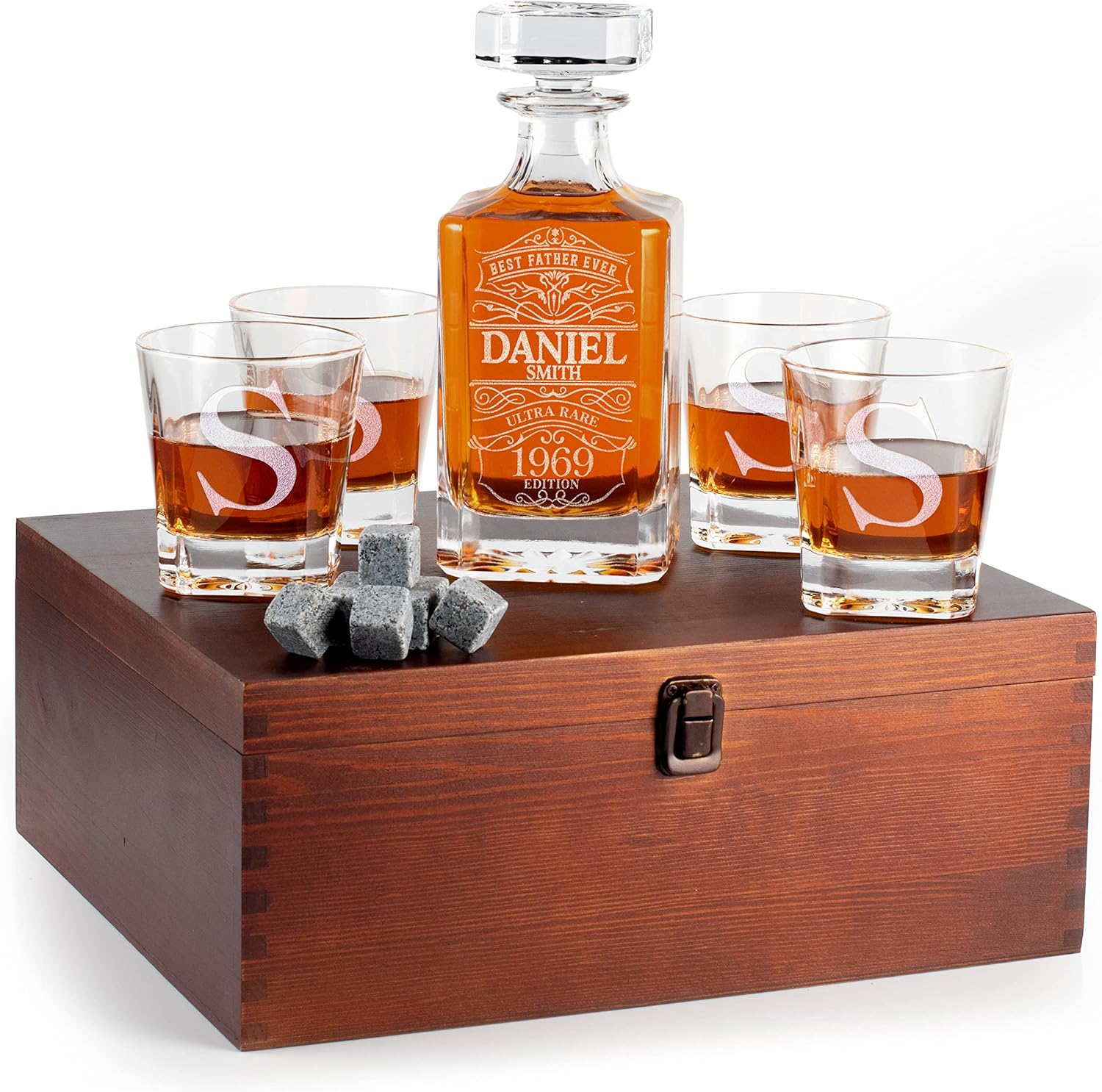 Personalized Whiskey Decanter Set – Custom 5-Pc Liquor Gift Set with 4 ...
