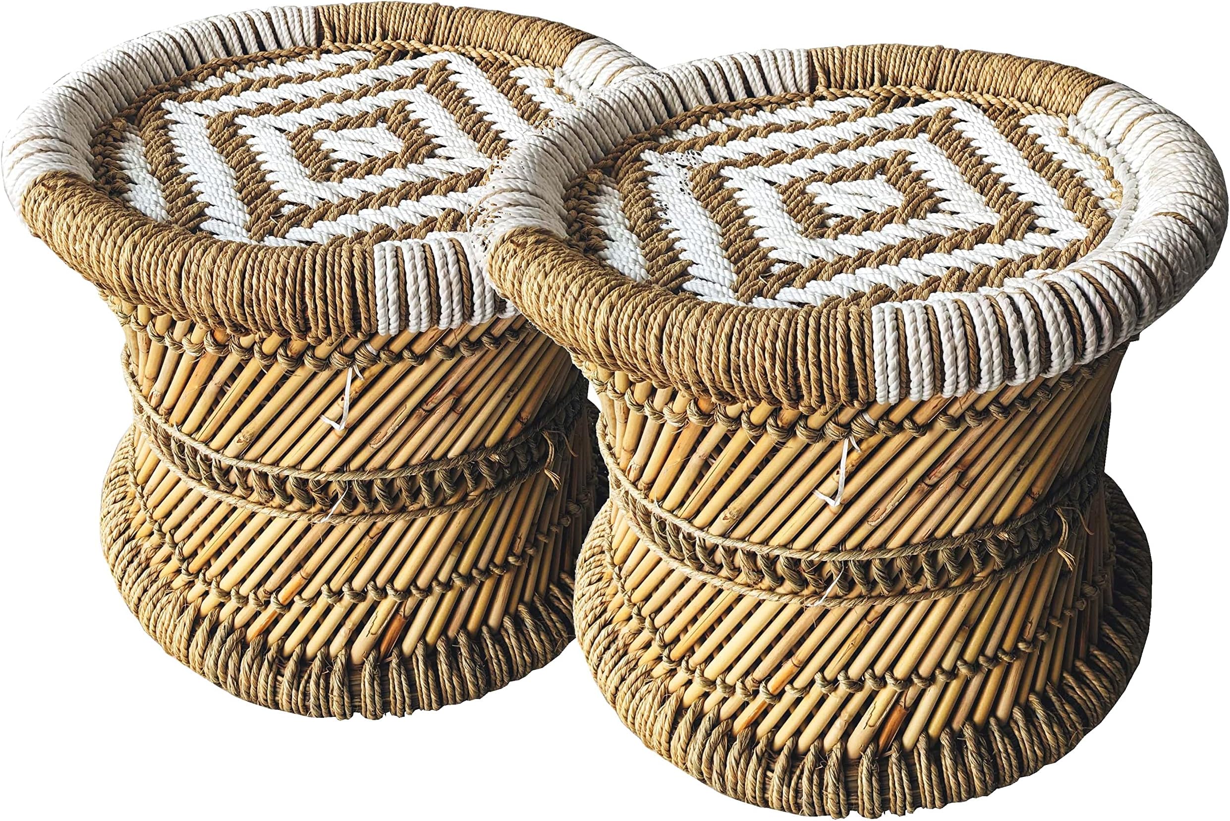 Handmakers ! Natural Bamboo (SARKANDA) Mudda Stool with Beige and White ...