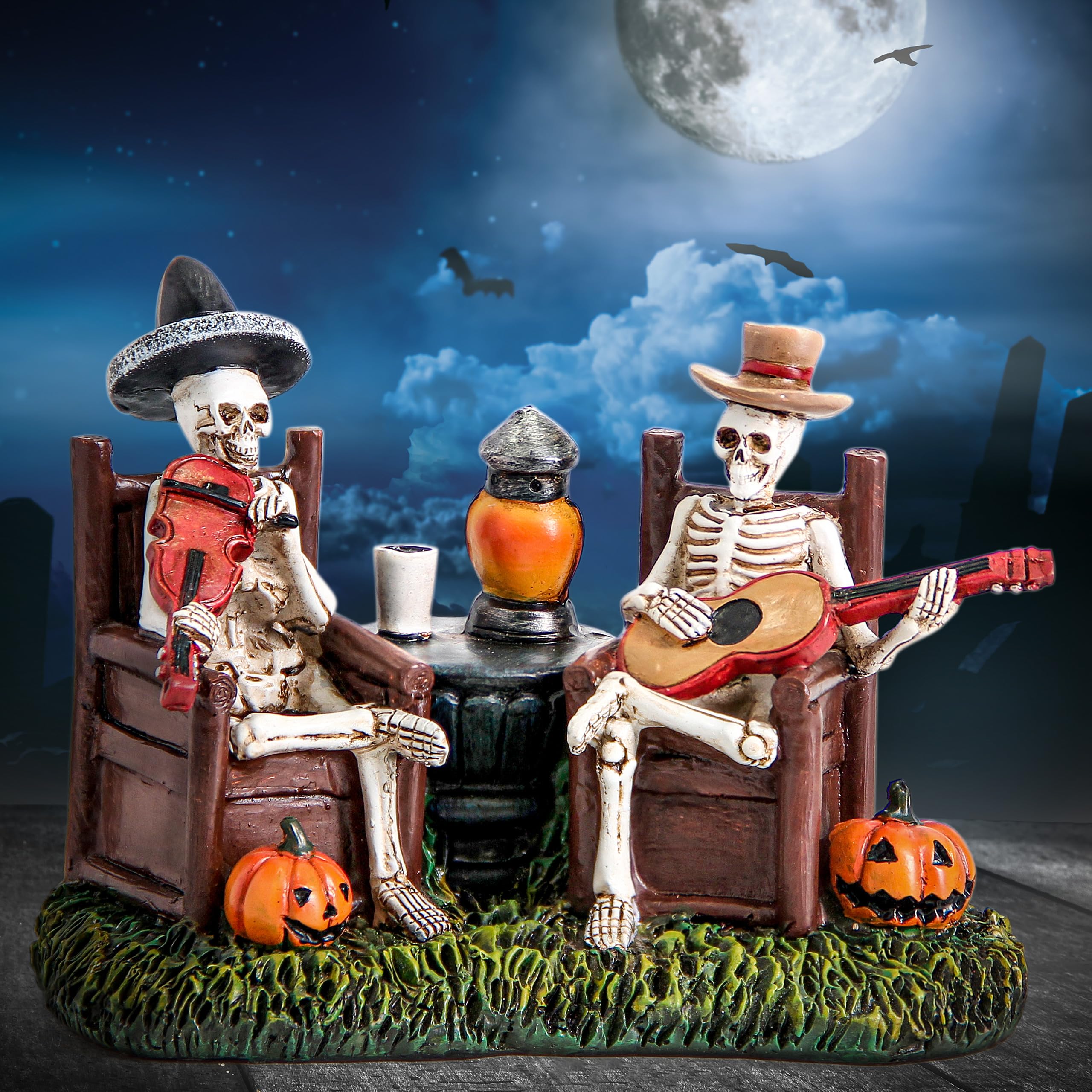 Halloween Statue for Holiday Decorations Skeleton Playing Music Halloween Village Prop for Shelf ...