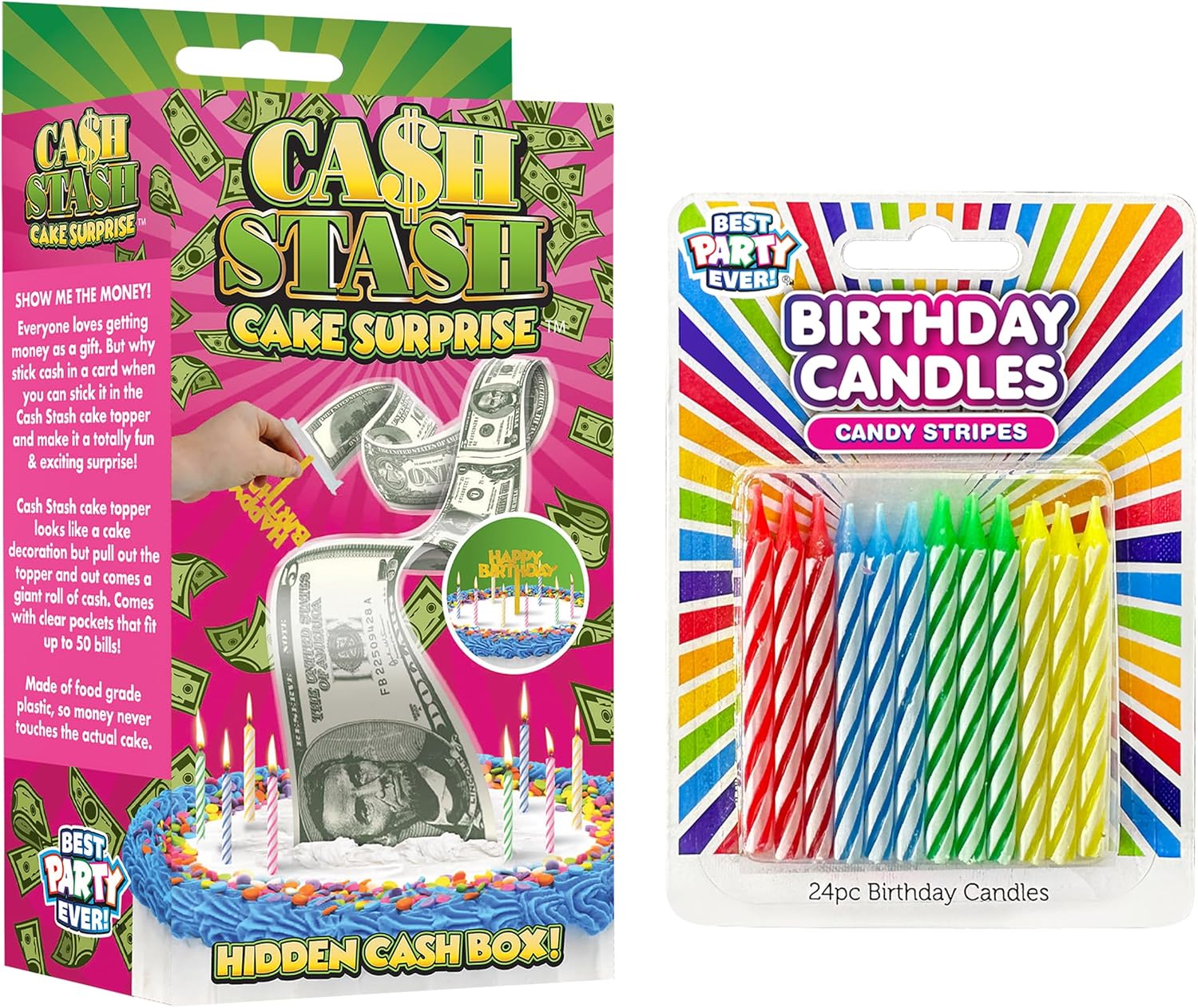 Amazon.com: BEST PARTY EVER! Cash Stash Cake Surprise Candle Set, Pull ...