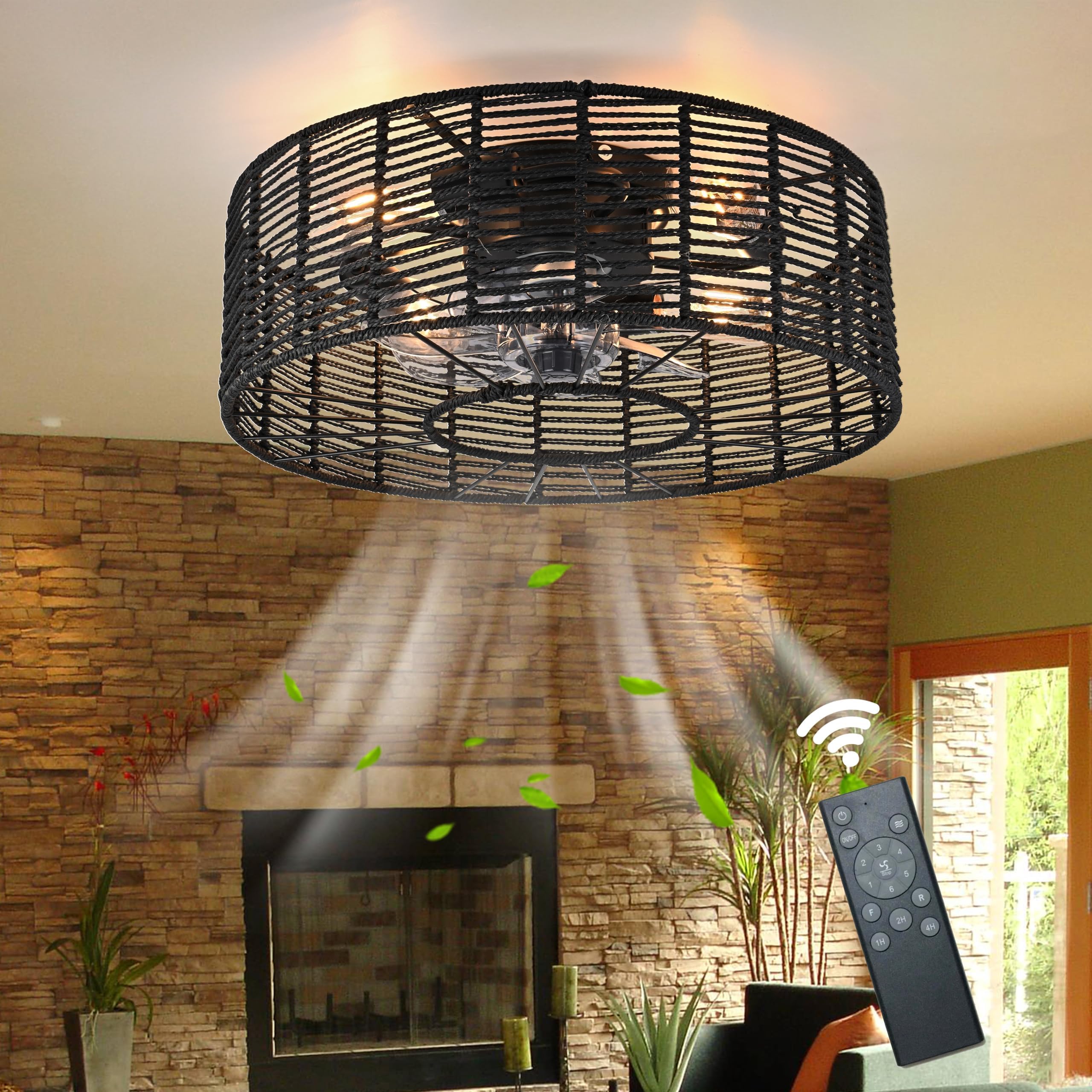Amazon.com: AyshwillDec Black Caged Ceiling Fan with Light Enclosed ...
