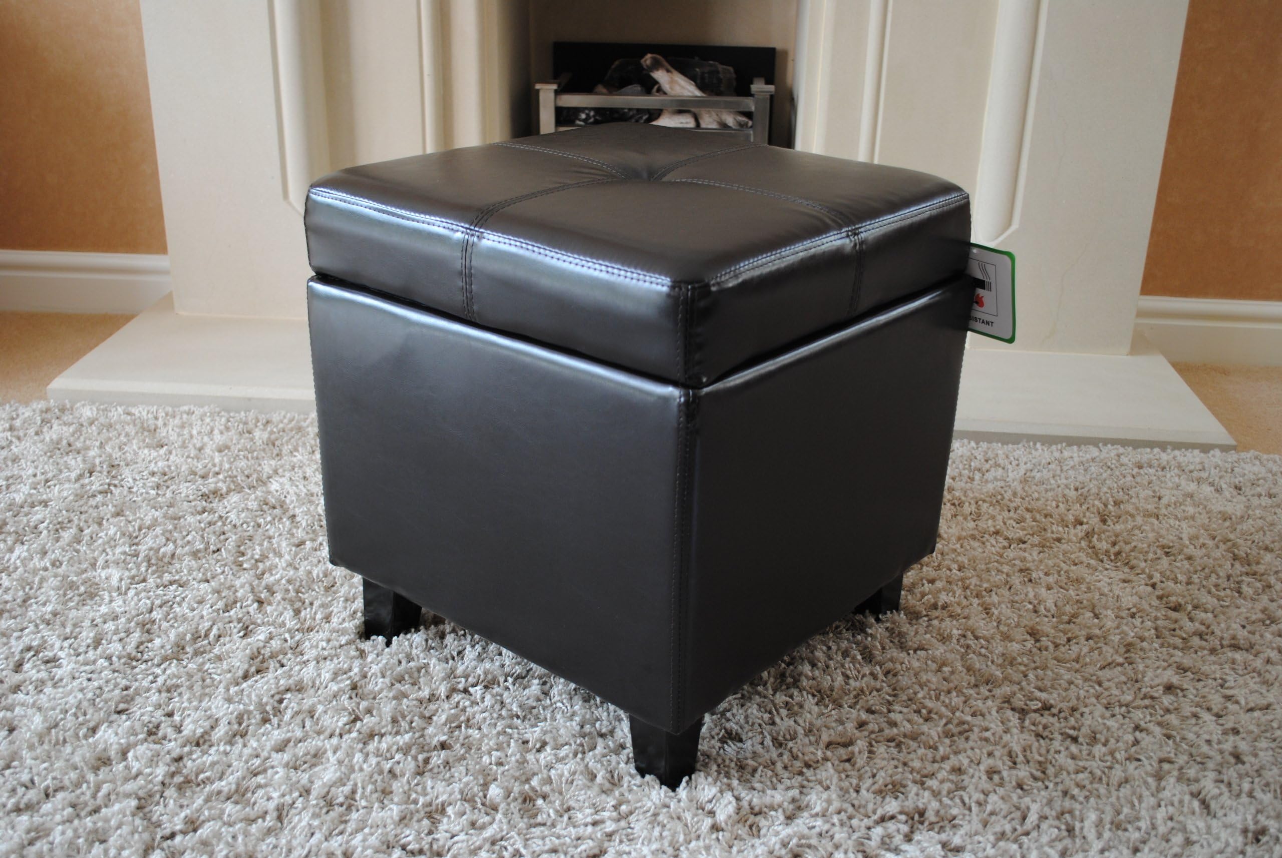 Lymm Home Furnishings Black Genuine Real Leather Storage Footstool ...