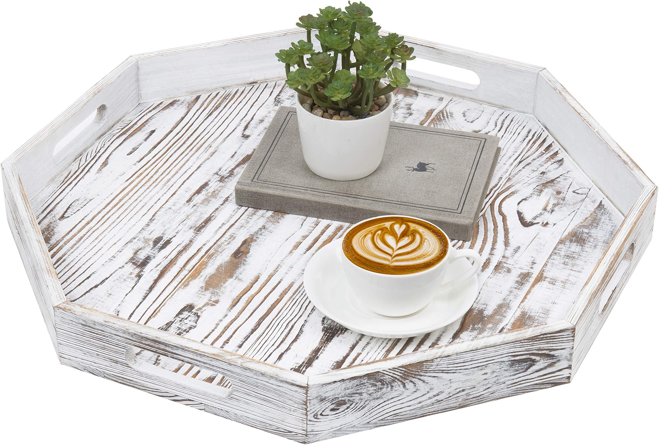 Amazon.com: MyGift White Washed Solid Wood Octagon Shaped Serving Tray ...