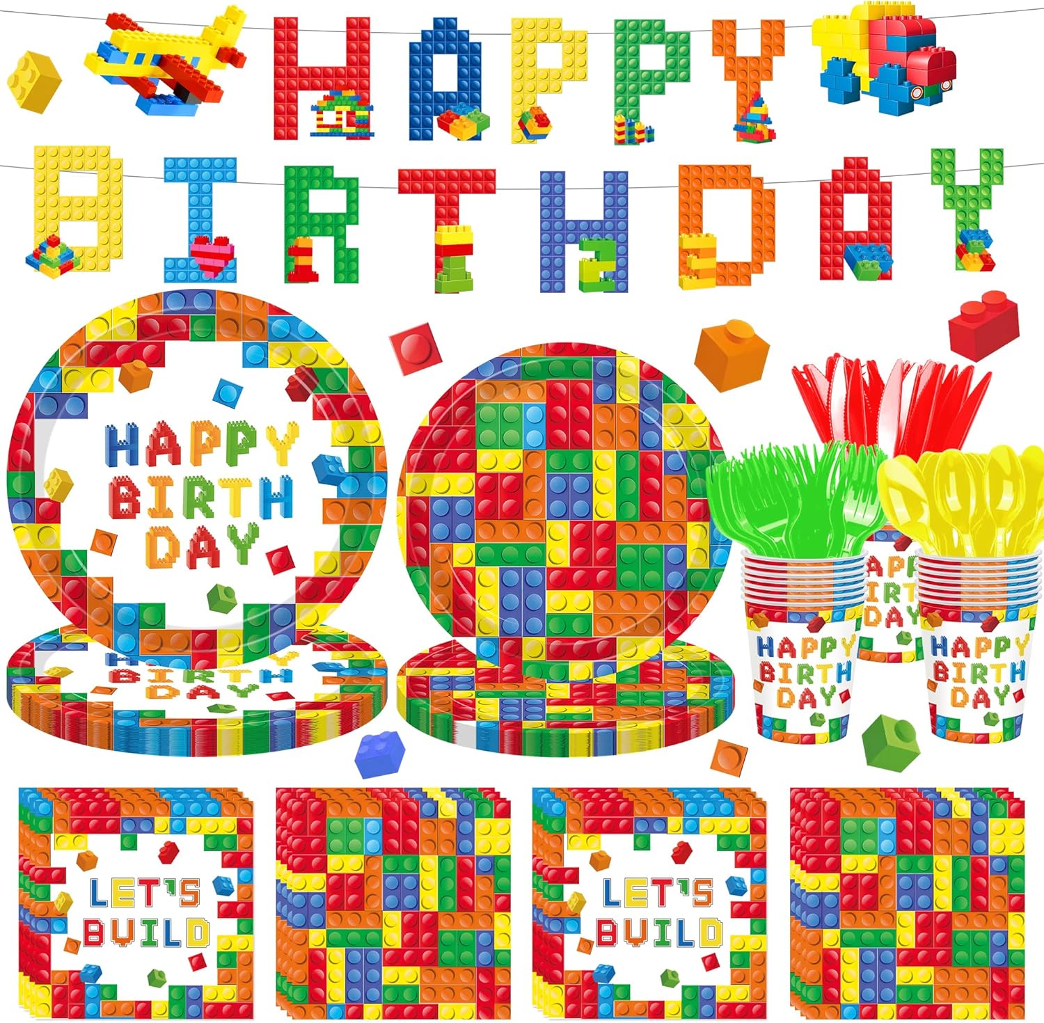 Amazon.com: 141Pcs Building Block Party Supplies Paper Plates Napkins ...