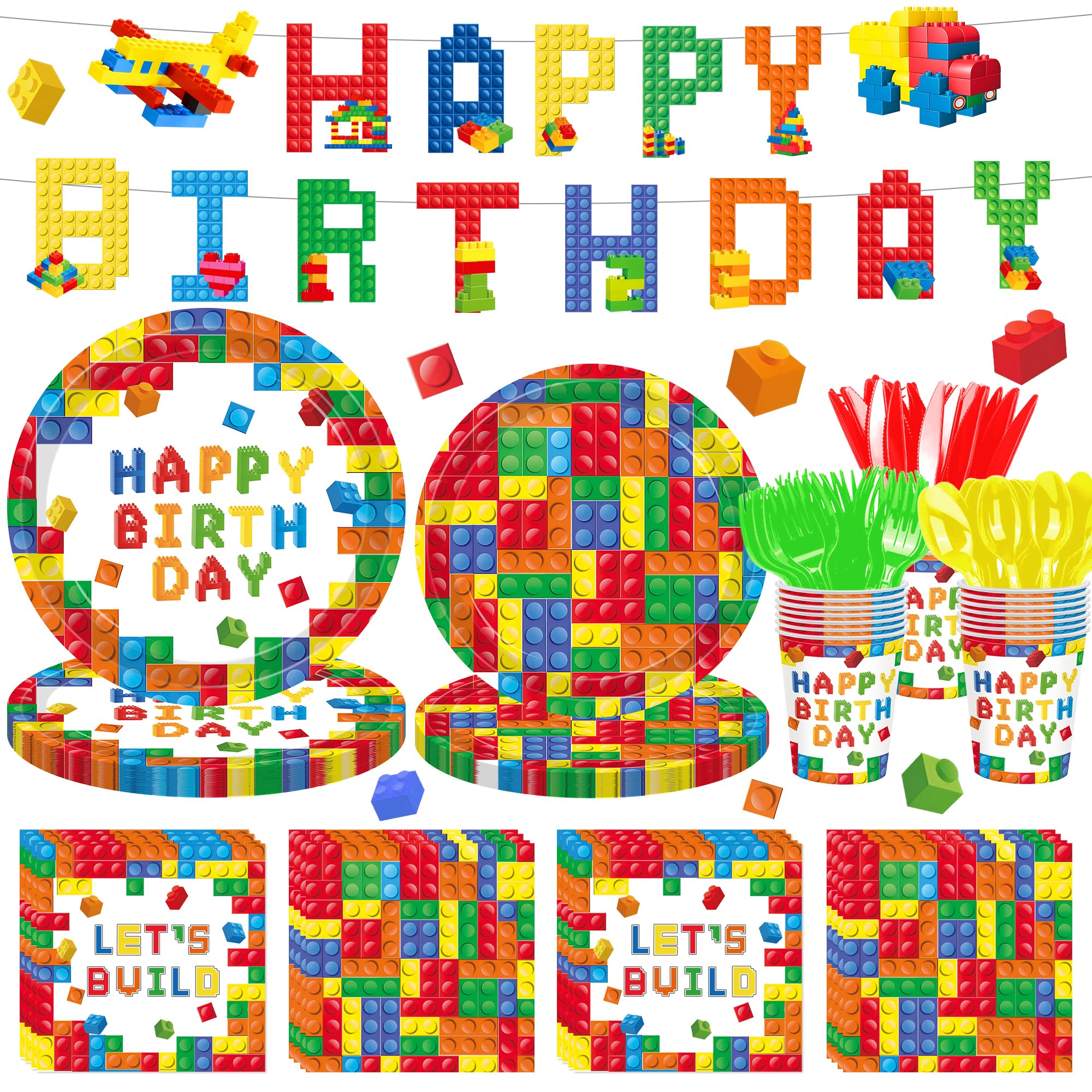 Amazon.com: 141Pcs Building Block Party Supplies Paper Plates Napkins ...