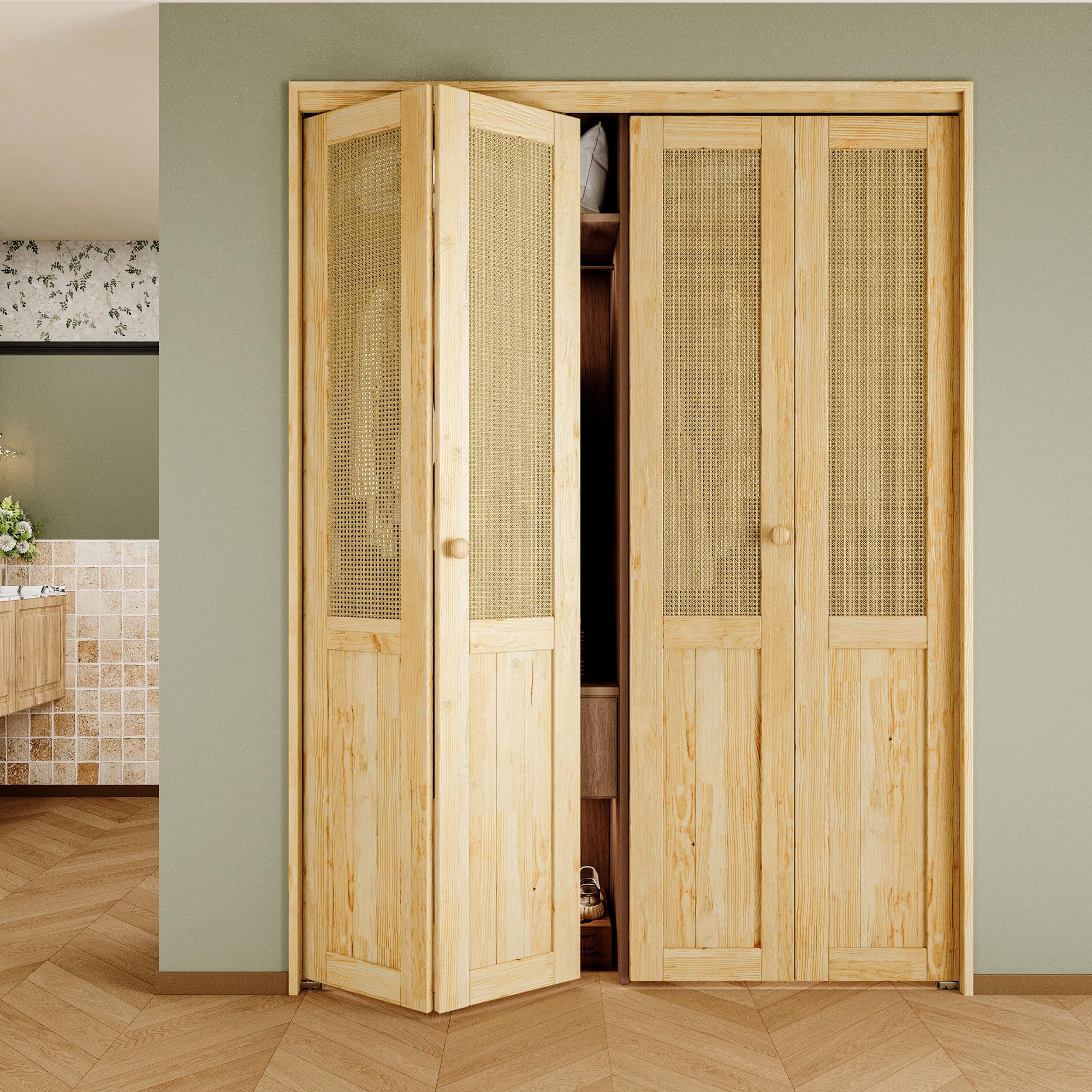 CRUTOP 60'' x 80" Ratten Bifold Closet Door, Cane Webbing & Pine Wood ...