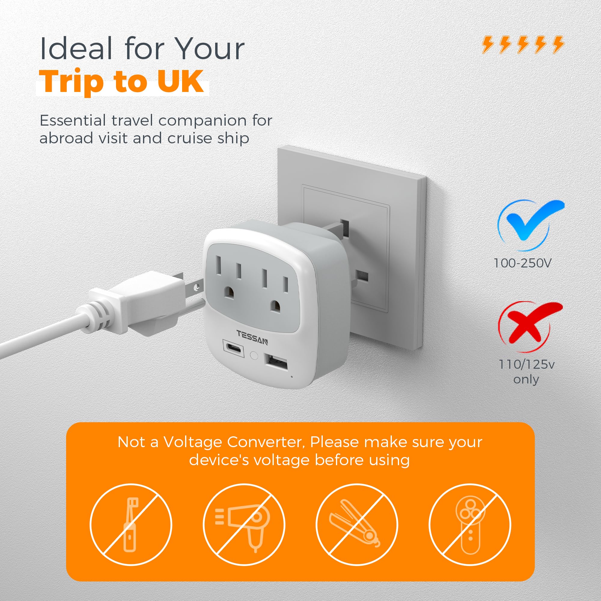 Snapklik.com : US To UK Plug Adapter, TESSAN Type G Travel Adaptor