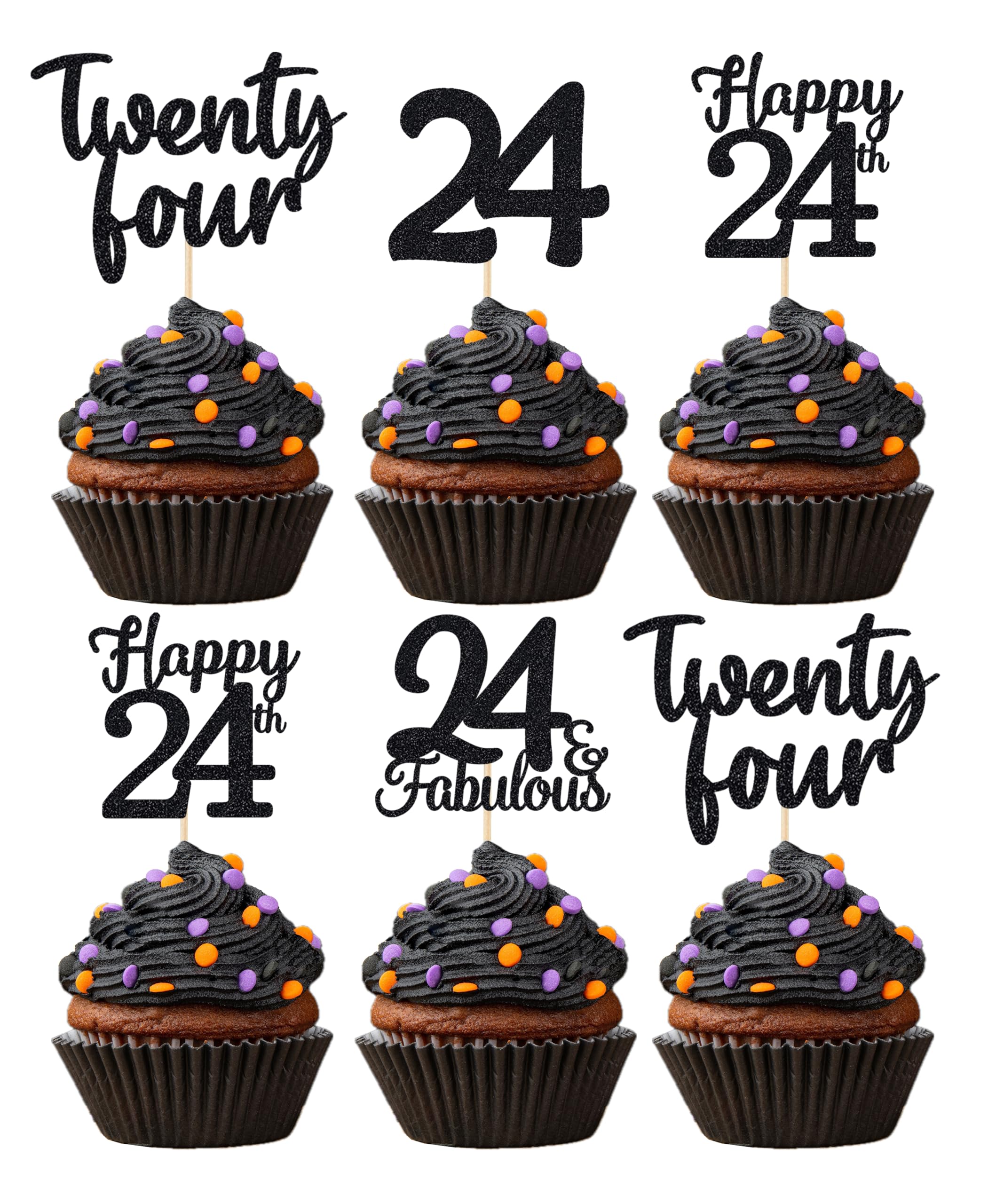 Snapklik.com : 24 Pcs 24 Birthday Cupcake Toppers -BLACK Glitter ...