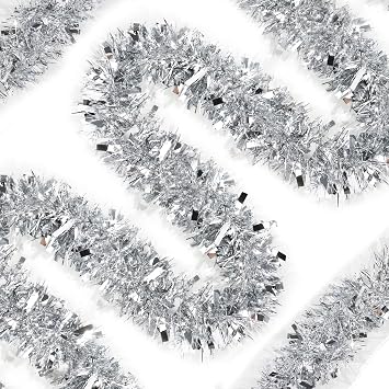 Amazon.com: 50 Feet Silver Christmas Tinsel Garland Metallic Twist ...
