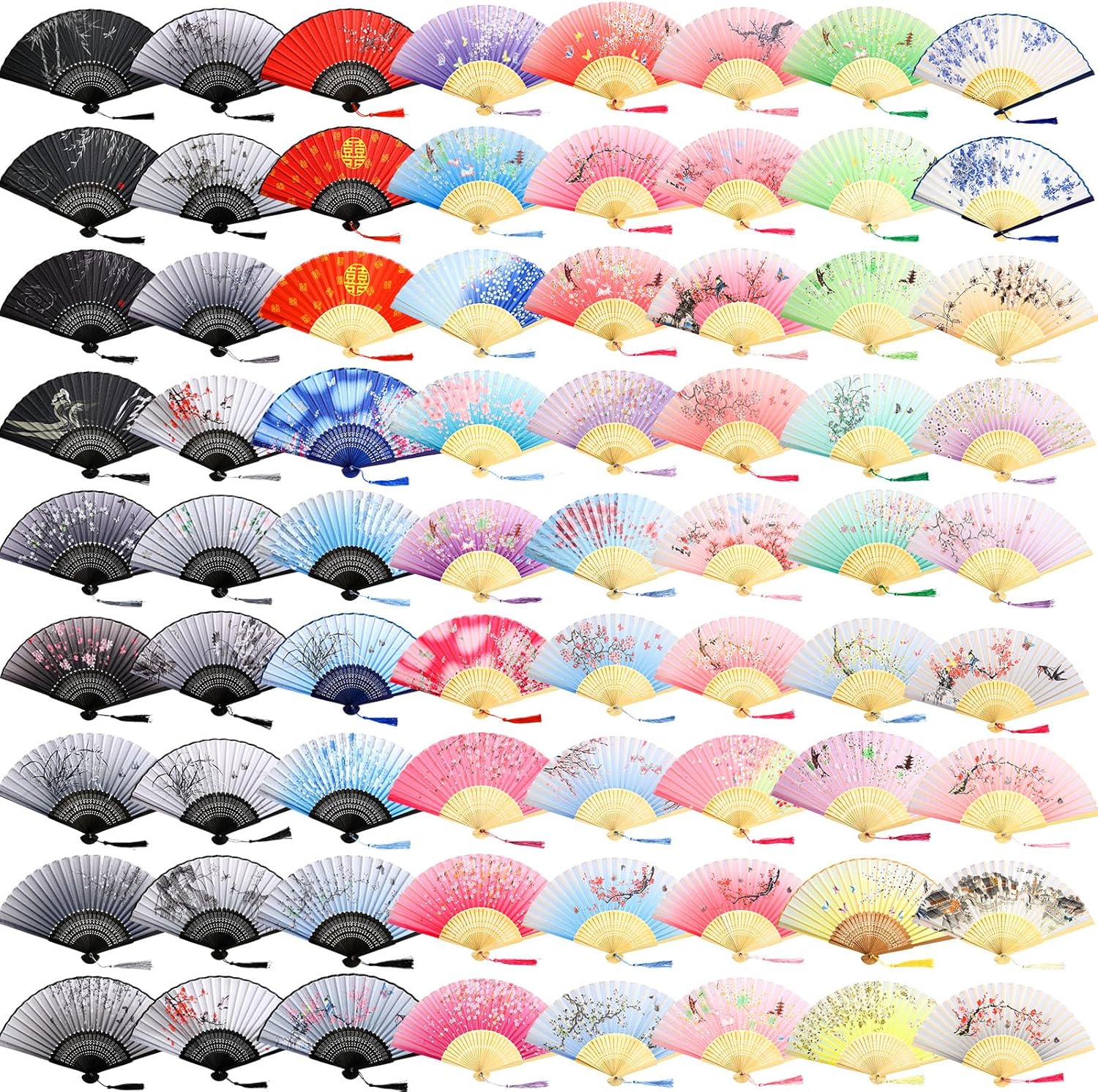 Amazon.com: Roowest 72 Pcs Floral Folding Hand Fan Silk Folding Fans ...