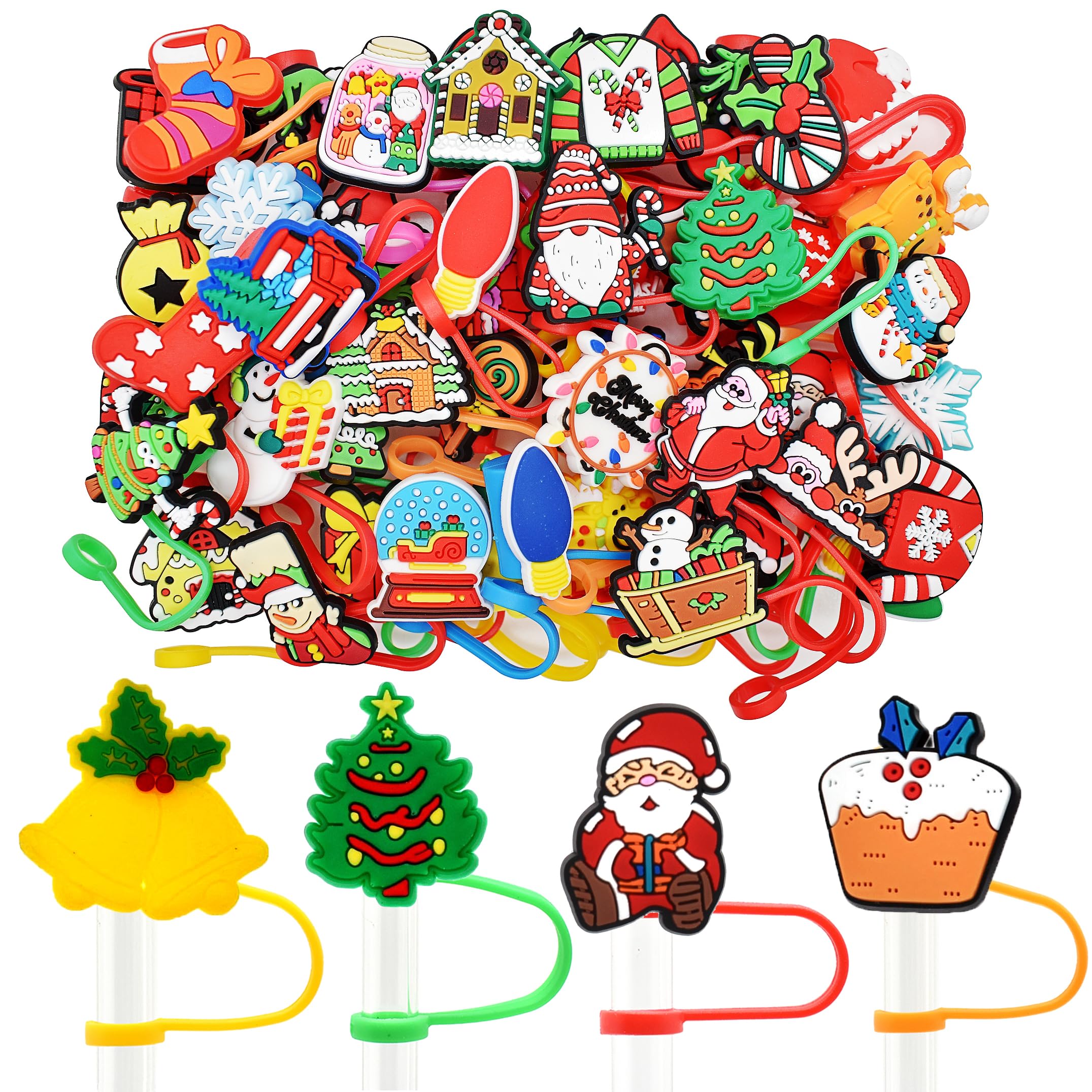 Amazon.com: YEALQUE 50PCS Christmas Straw Cover Caps Random Different ...